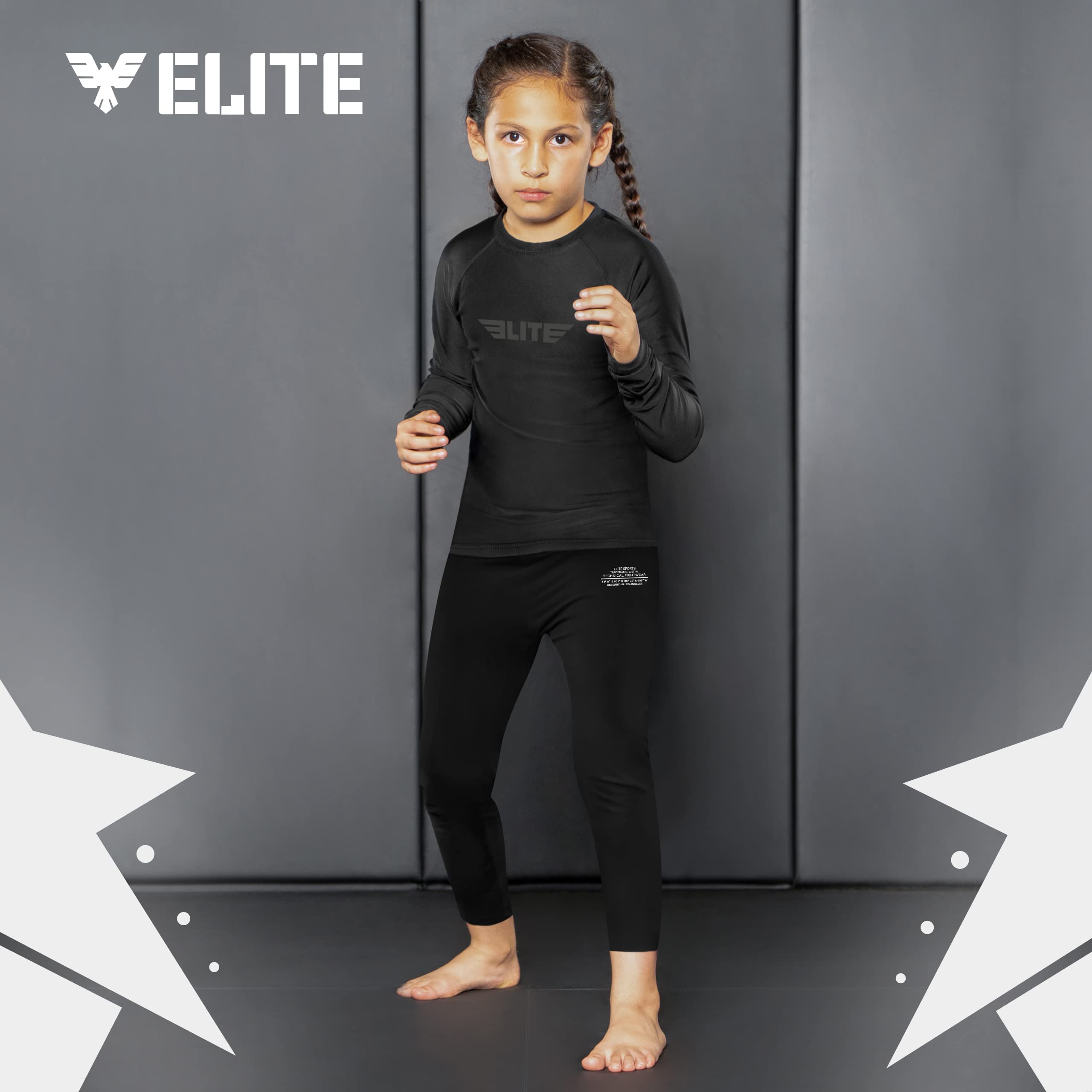 Elite Sports Kids MMA BJJ Athletic Spats Leggings Tights, Kids Jiu Jitsu Compression Base Layer Training Workout Pants (Black, X-Large)