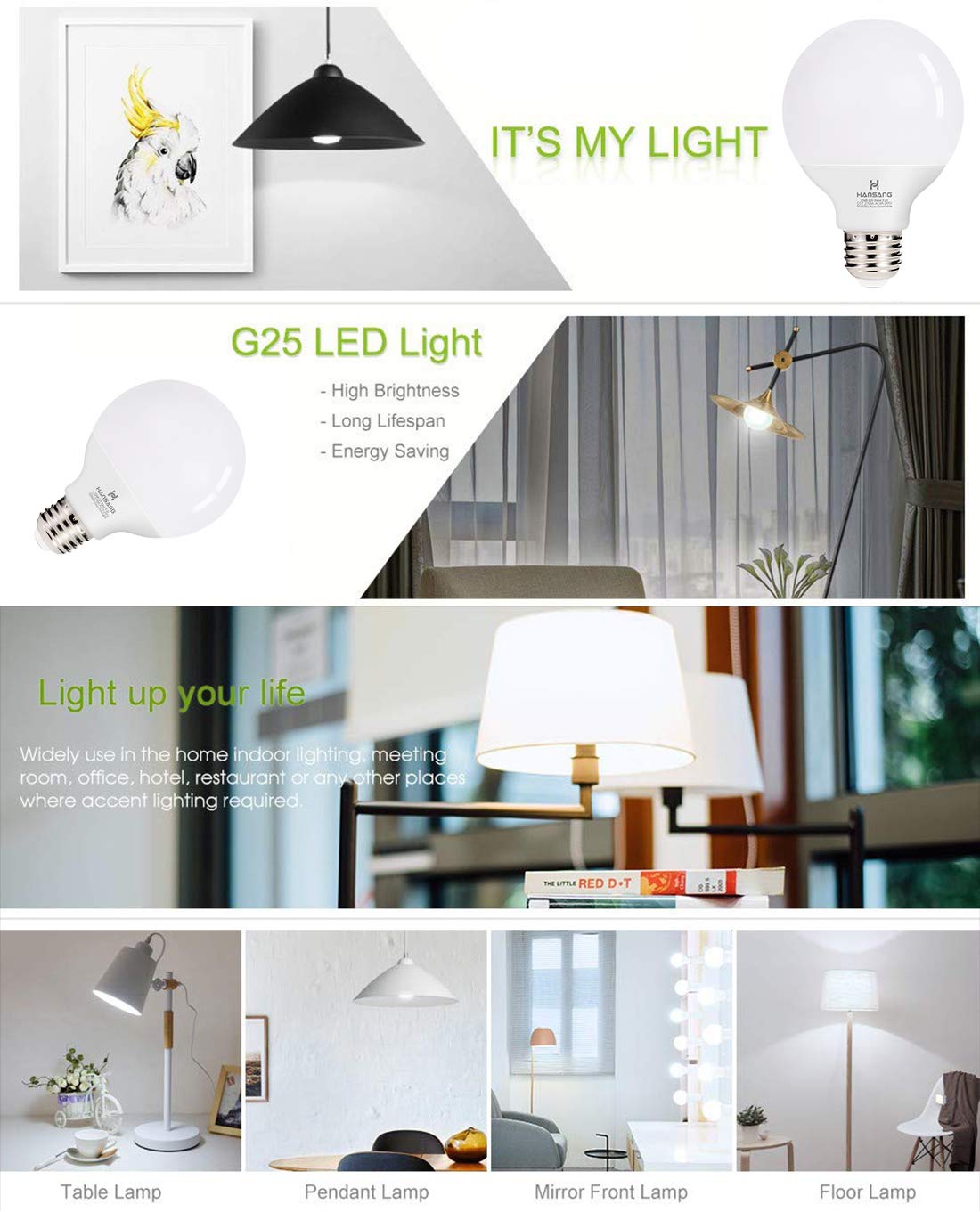 hansang G25 LED Vanity Light Bulb 5W (60W Incandescent Equivalent) 2700K Soft White,Decorative Globe Light Bulbs,E26 Base,500LM Perfect for Bathroom/Vanity Makeup Mirror,Non-Dimmable,4 Pack