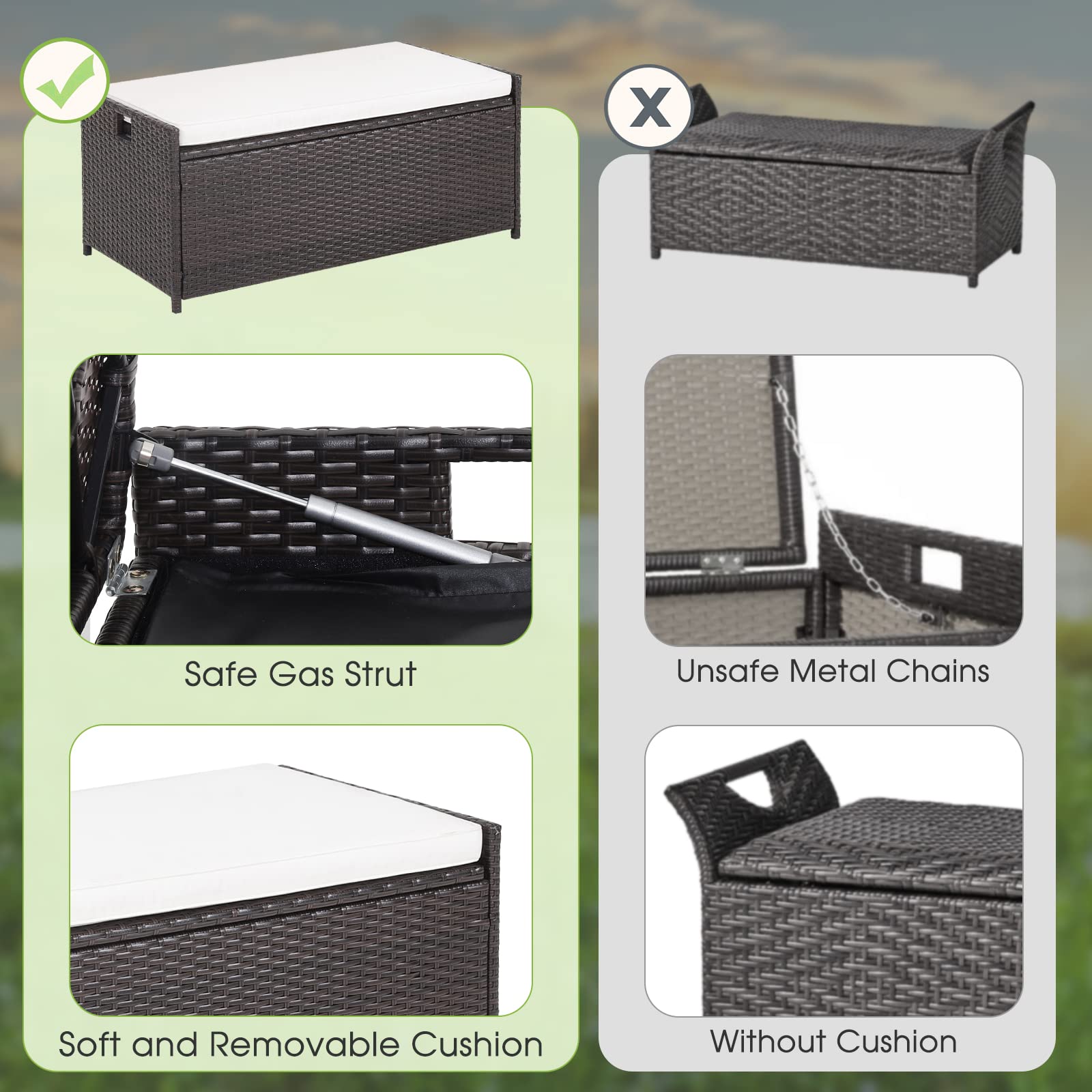 Tangkula 34 Gallon Outdoor Storage Bench with Seat Cushion, Patio Mix Brown Wicker Deck Box with Waterproof Liner and Side Handles, Outdoor Storage Bench for Cushions, Garden Tools, Pool Accessories