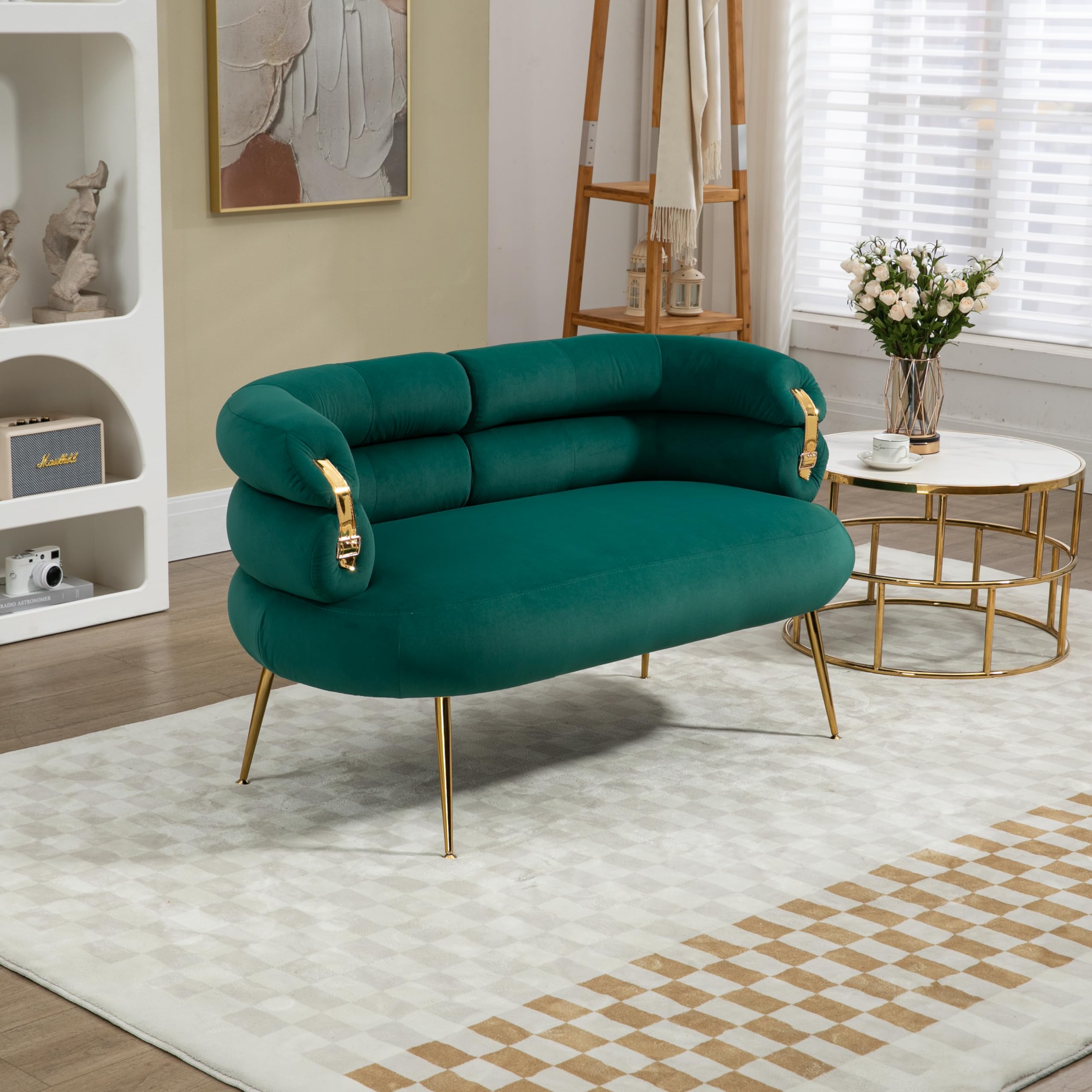 Velvet Small Loveseat Sofa, Upholstered Mini Couch with Curved Backrest, Modern 2-Seat Sofa with Gold Metal Legs, Comfy Love Seat for Living Room, Bedroom, Dorm, and Apart(Green)
