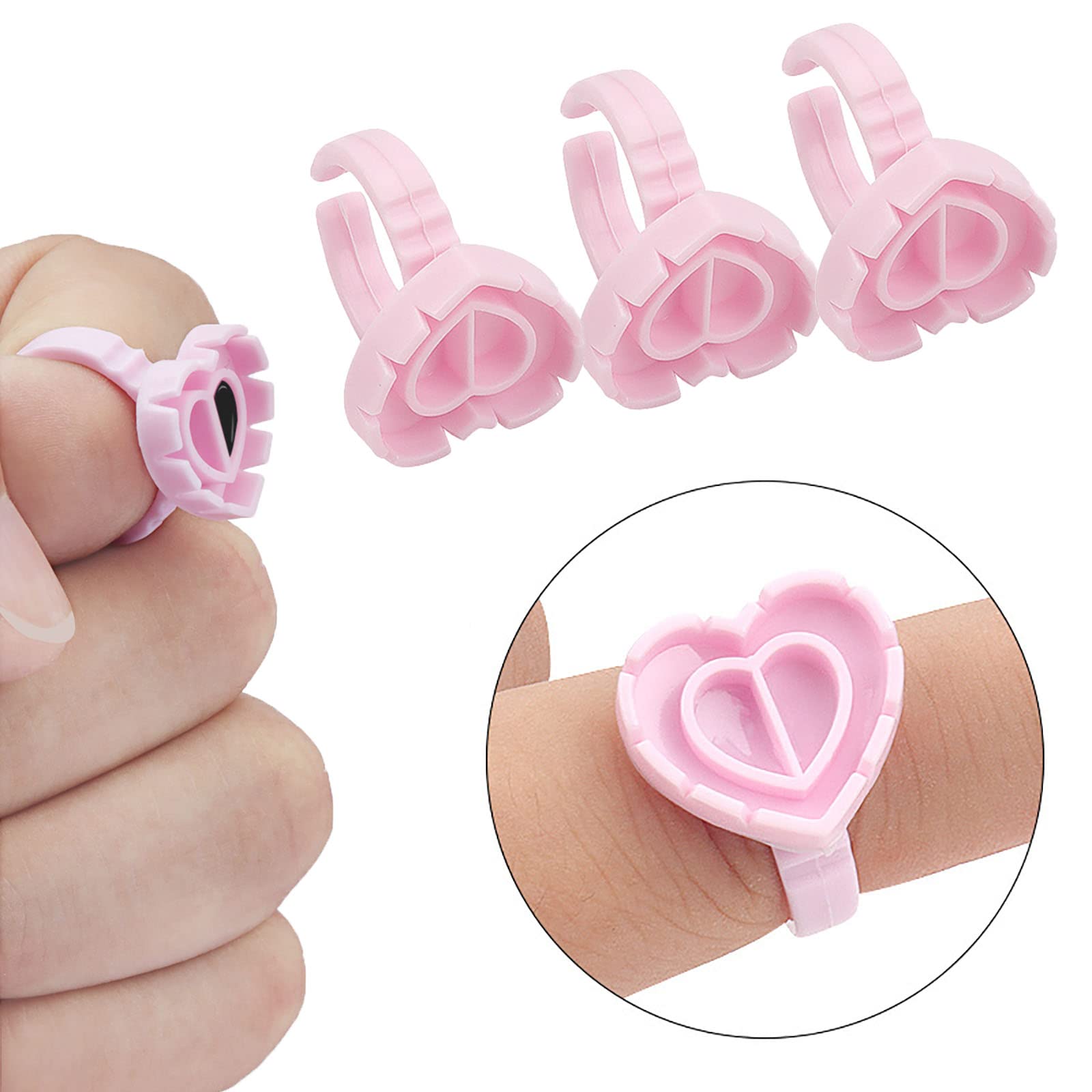 Glue Rings for Eyelash Extension,300PCS Smart Lash Glue Rings,Disposable Eyelash Glue Holder Glue Cups Rings,Heart Shape Fan Blossom Volume Lash Glue Holder False Eyelash Lash Extension Supplies Pink