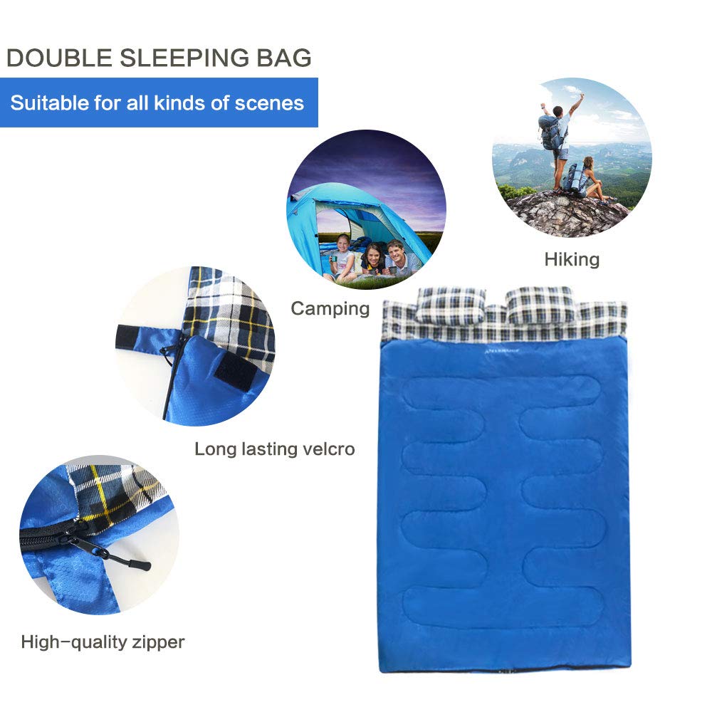 Double-Wide Cotton Flannel Lined Sleeping Bags, 3 Season Rectangular Semi-Rectangular Sleeping Bags Lightweight Warmth with 2 Pillows for Camping Backpacking Hiking Adults/Teens Queen Size XL