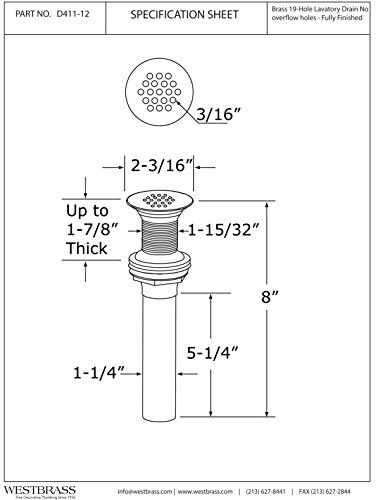 Westbrass D411-12-26 Grid Strainer Lavatory Drain w/o Overflow Holes - Exposed, Polished Chrome