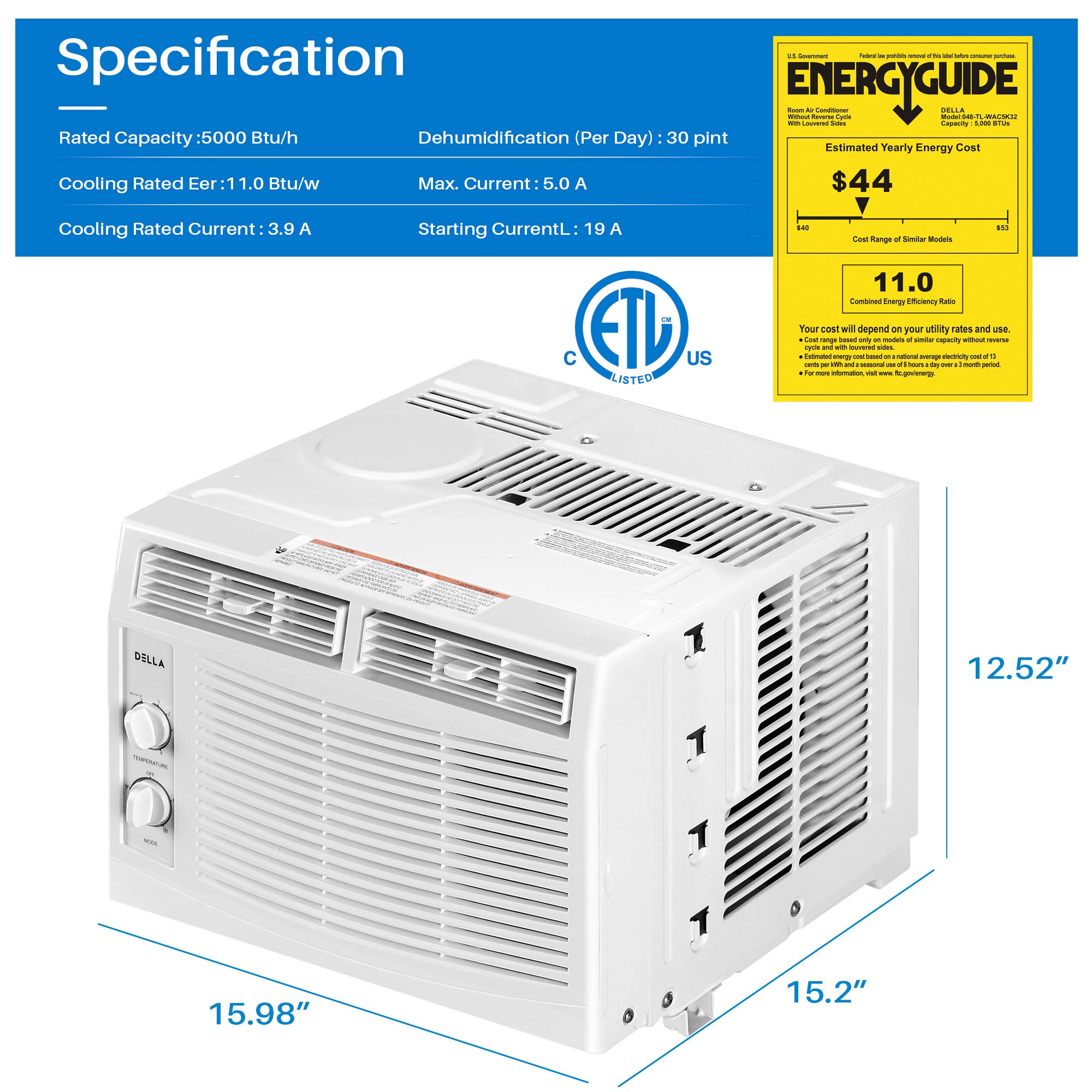 DELLA 5000 BTU Air Conditioner Window Unit 115V/60Hz, Mechanical Controls, Whisper Quiet Operation, With Easy Install Kit, Cools 100-150 Sq.ft 2023 updated