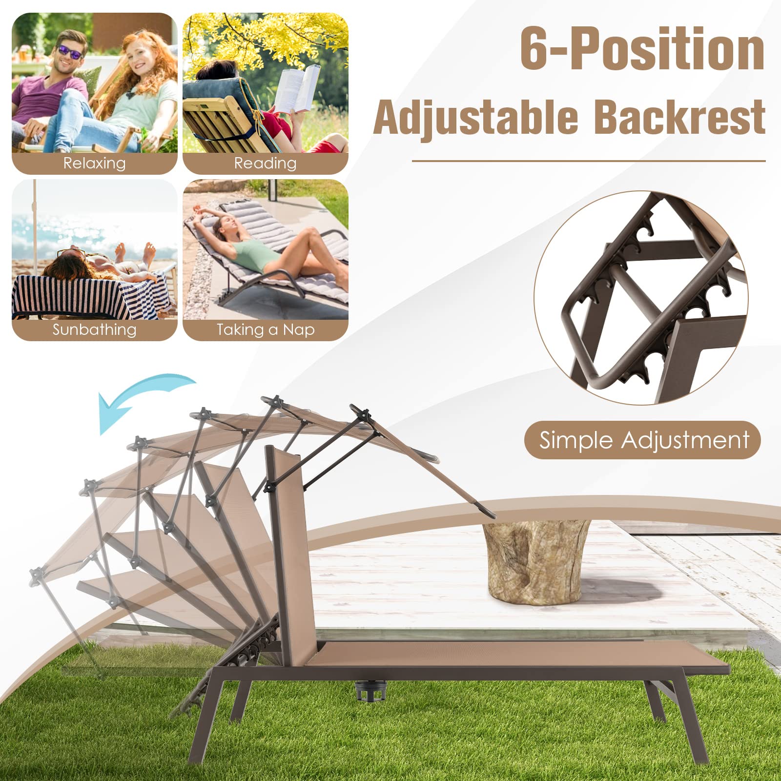 Tangkula Patio Chaise Lounge Chair, Outdoor Recliner with Adjustable Canopy & Cup Holder, 6-Level Backrest, Heavy-Duty Metal Reclining Lounger for Poolside, Backyard (1, Brown)