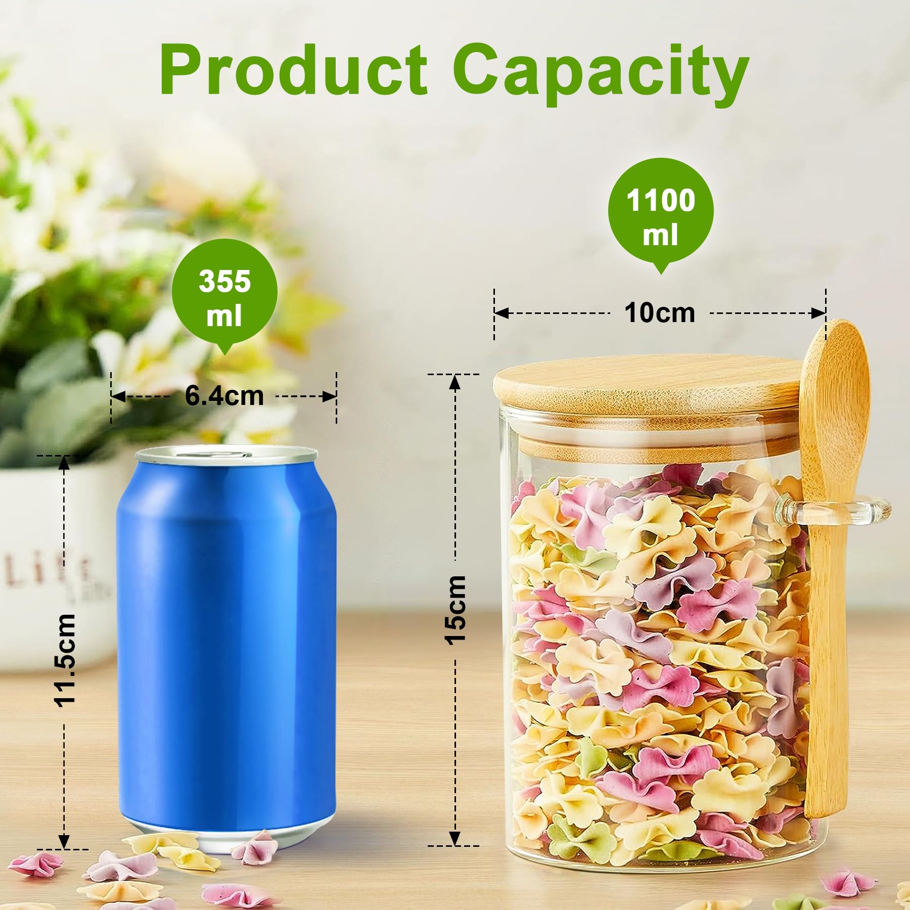 venleft Glass Jar with Lid, 4 Pack 18.5OZ Clear Airtight Glass Storage Containers With Bamboo Lids and Spoon Glass Jars for Sugar, Nuts, Flour, Cereal, Rice,Tea, Coffee Beans, Bath Salts & More