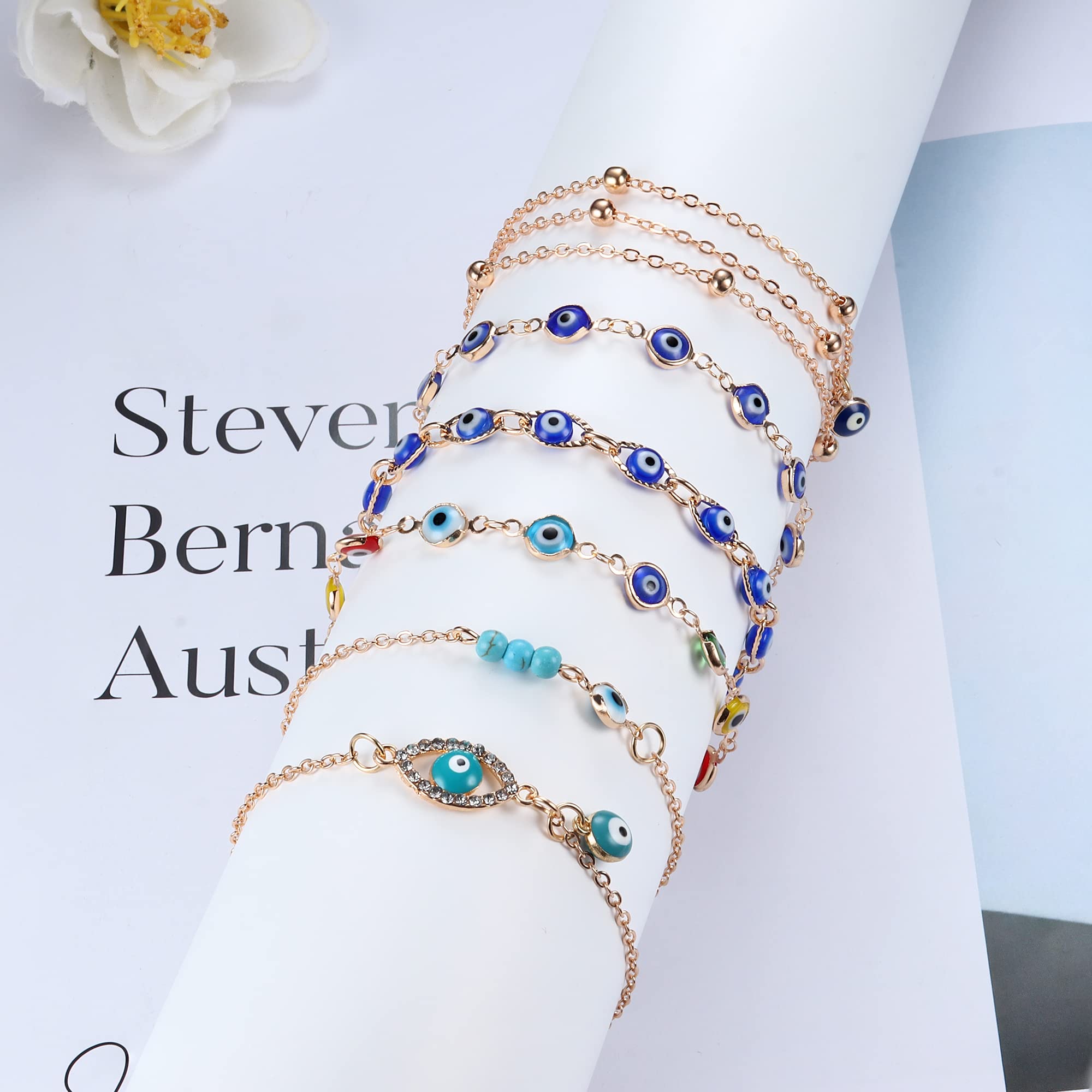 FIBO STEEL 6Pcs Evil Eye Anklets for Women Waterproof 14K Gold Plated Non Tarnish Adjustable Dainty Layered Summer Beach Jewelry Gifts