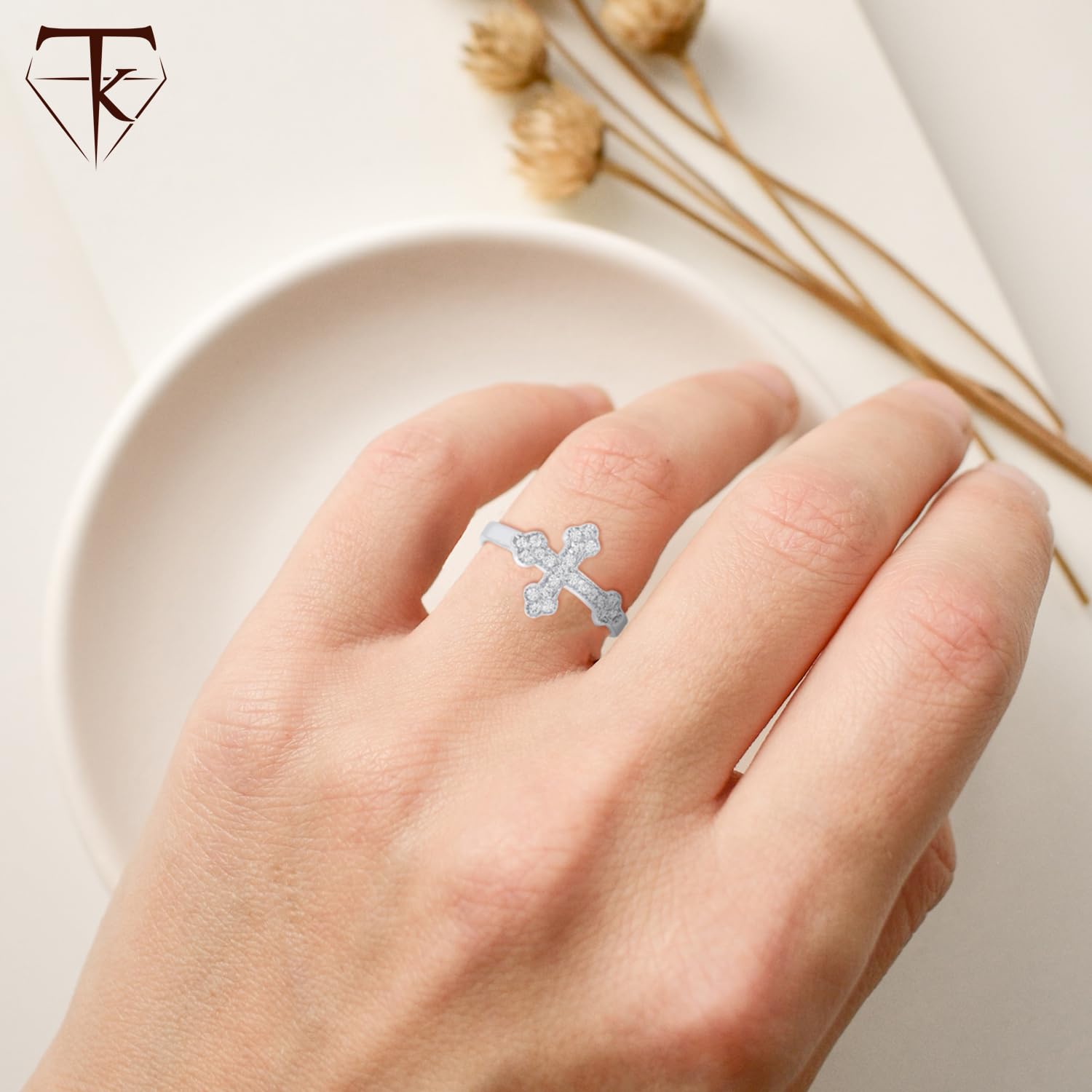 Elegant Sterling Silver CZ-Studded Cross Ring, Cubic Zirconia,
