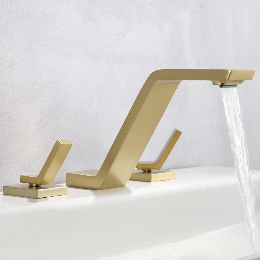 POP SANITARYWARE 2-Handle Widespread Bathroom Sink Faucet for 3 Holes Solid Brass 8 Inches Waterfall Bathroom Vanity Faucets with Pop Up Drain and cUPC Supply Hoses, Brushed Gold