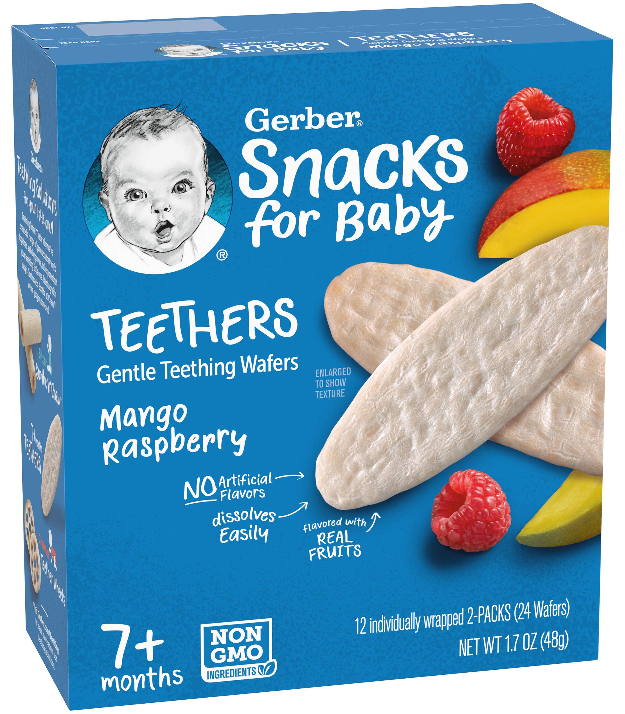 Gerber Snack for Baby Teethers, Mango Raspberry, Gentle Teething Wafers Flavored with Real Fruits, 12 Individually Wrapped 2-Packs (24 Wafers/Box) (Pack of 2 Boxes)