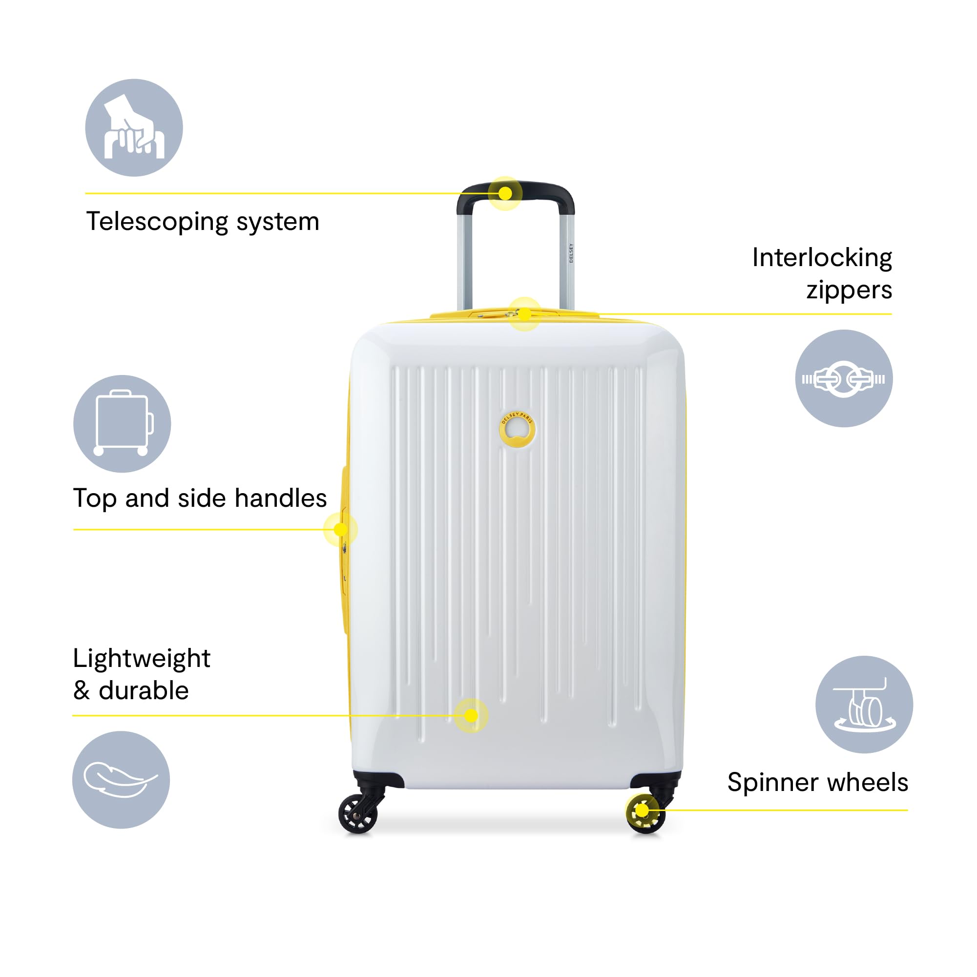 DELSEY Paris Christine Hardside Expandable Luggage with Spinner Wheels, White with Yellow Trim, Checked-Large 28 Inch