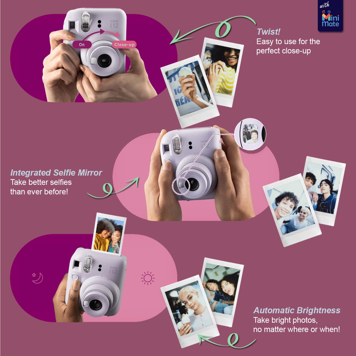 Fujifilm Instax Mini 12 Instant Camera Pastel Blue + Minimate Custom Case + Fuji Instax Film 20 Sheets Twin Pack