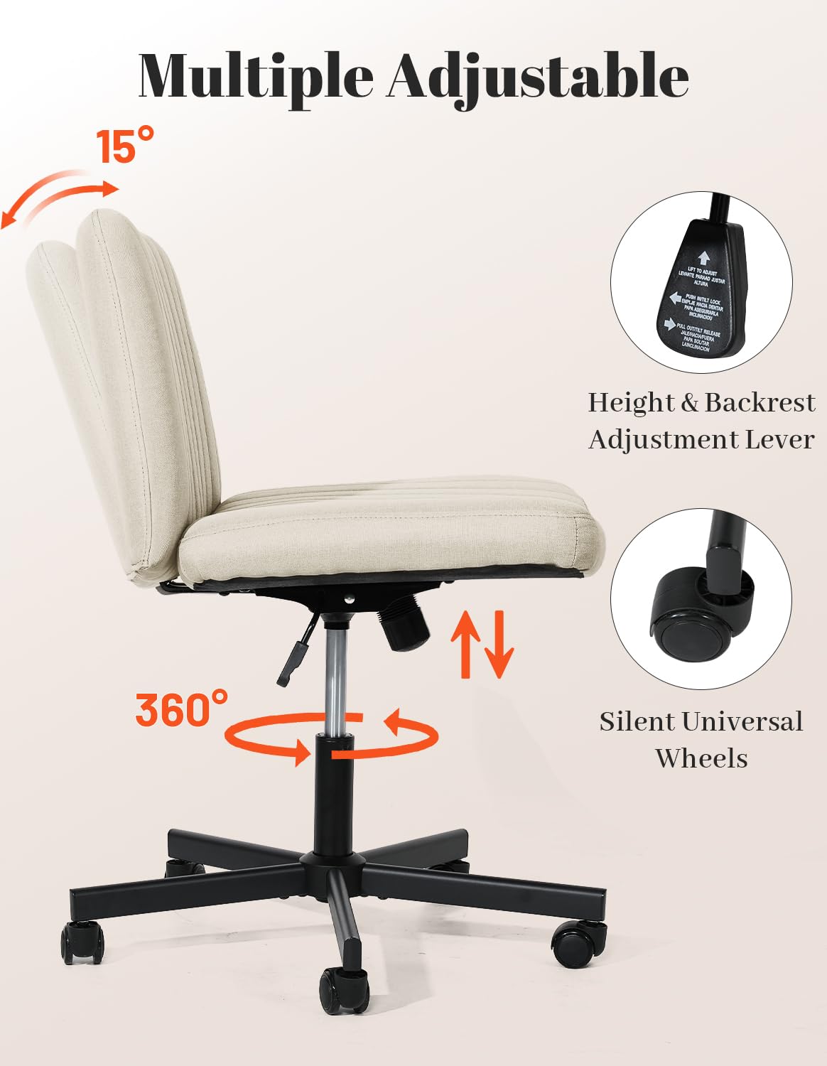 Murago Criss Cross Chair with Wheels, Extra Wide Cross Legged Office Desk Chair, Plus Size Swivel Vanity Chair, Height Agjustable Chair, Beige