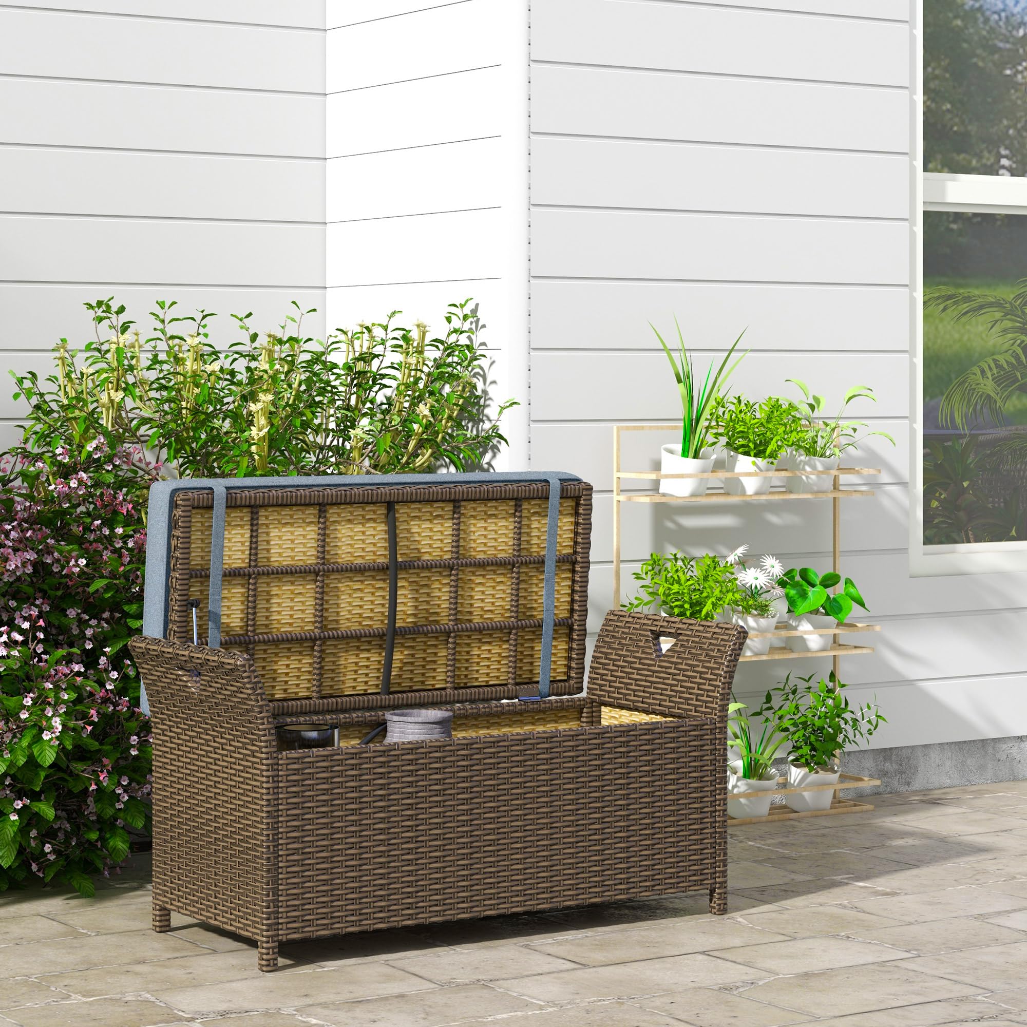 Outsunny 27 Gallon Patio Wicker Storage Bench, Outdoor PE Rattan Patio Furniture, 2-in-1 Large Capacity Rectangle Garden Storage Box with Handles and Cushion, Dark Blue