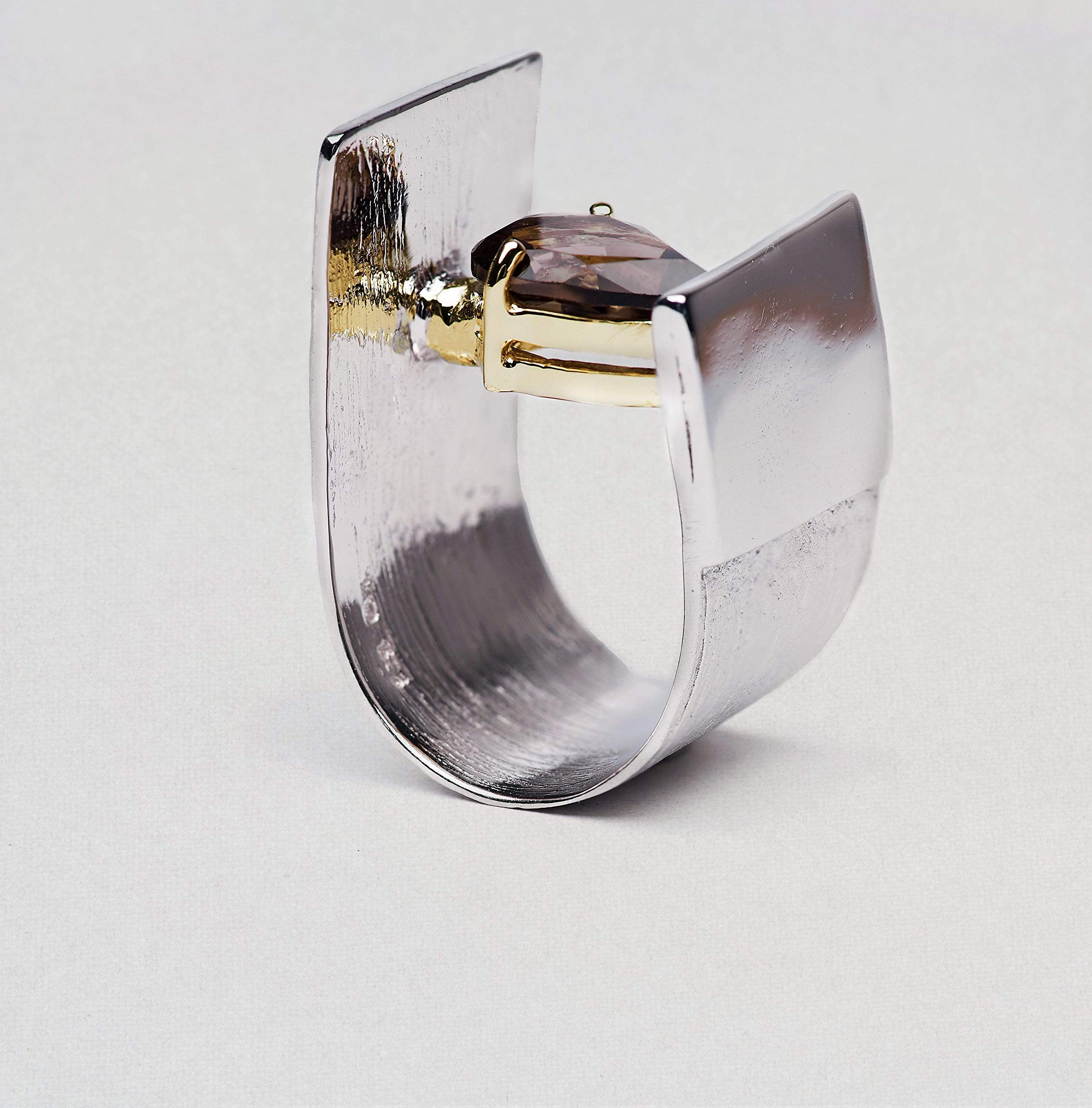 german kabirski 2.50 Carat Smoky Quartz Handmade Barrel Ring in 925 Sterling Silver with Gold and White Rhodium Plating Size 8