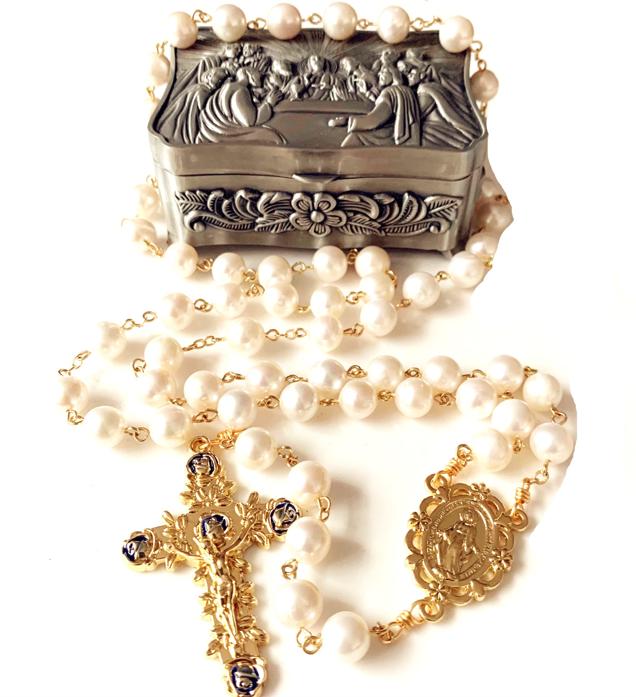 elegantmedical HANDMADE (AAA 10MM) Real Pearl BEADS CATHOLIC GOLD ROSARY CROSS GIFT NECKLACE Supper BOX