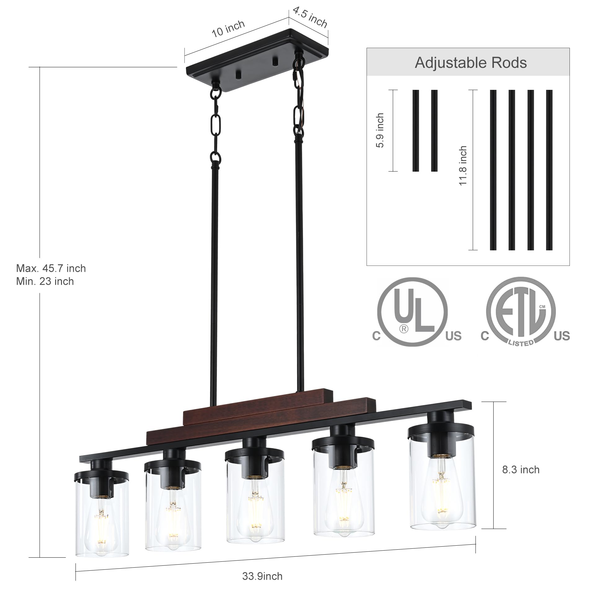 Dining Room Light Fixture/Chandelier Over Table,5-Light Kitchen Island Lighting Hanging for Farmhouse Linear Chandeliers Matte Black Rustic Wood Ceiling Pendant Light Fixtures with Clear Glass Shade
