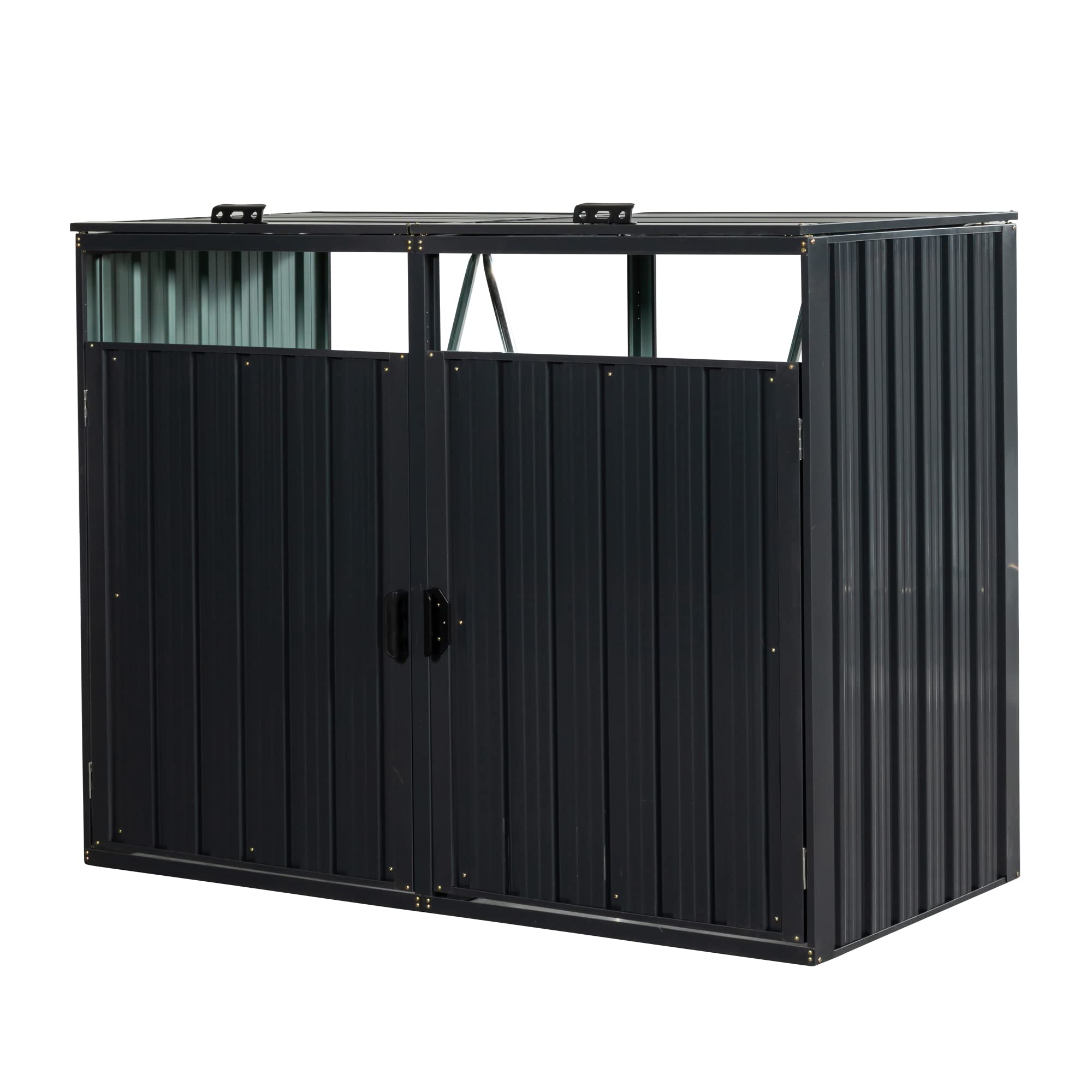 Outdoor Garbage Bin Storage Shed Galvanized Steel Outdoor Storage Shed for 2 Trash cans with Lockable Doors Metal Storage Shed for Garden Yard Lawn (Black-2)