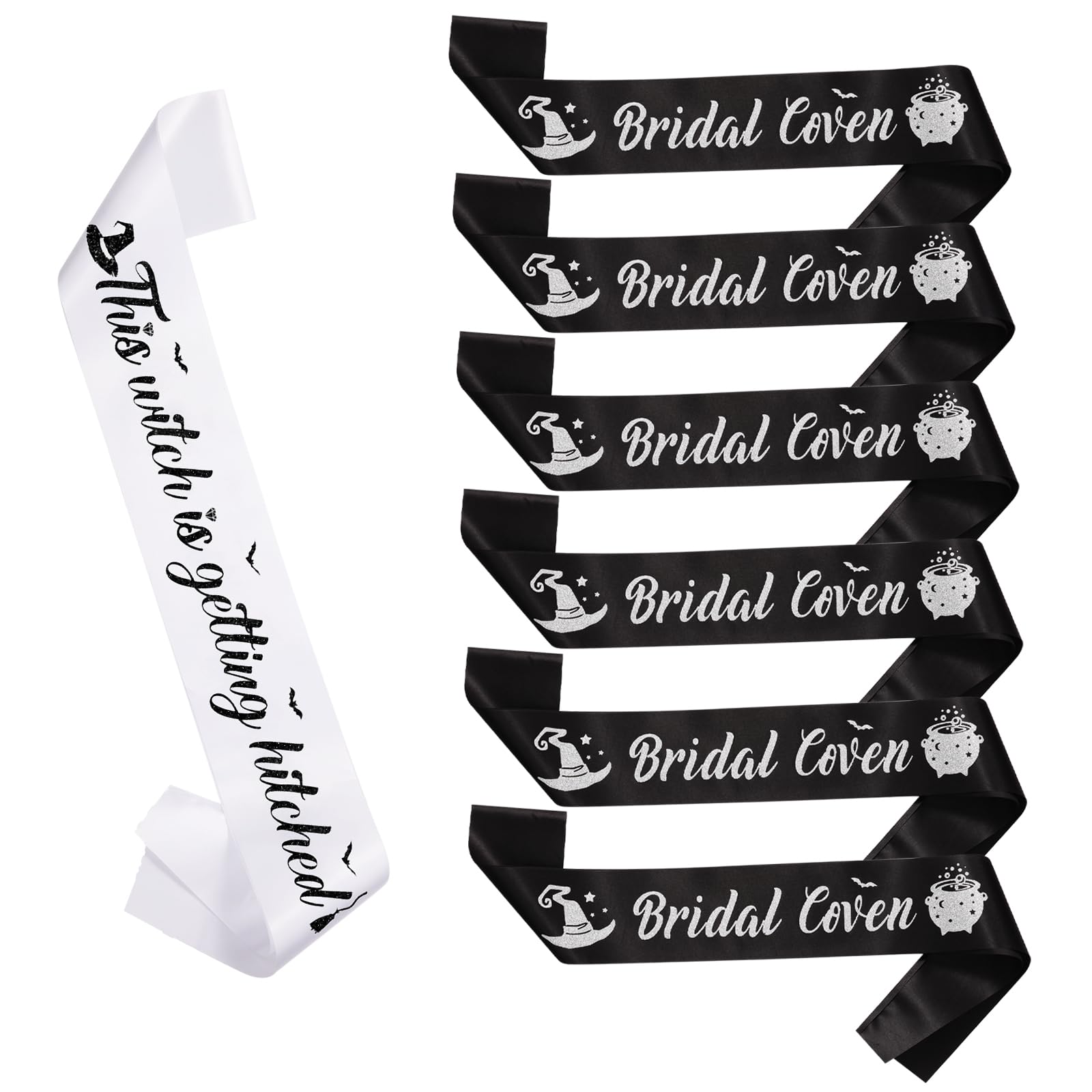 Serencatcher 7Pcs Bachelorette Party Sash Set, This Witch is Getting Hitched Bride Sash, Bridal Coven Sashes with Witch Hat and Jar Pattern for Bridal Shower Bachelorette Witch Theme Halloween Party