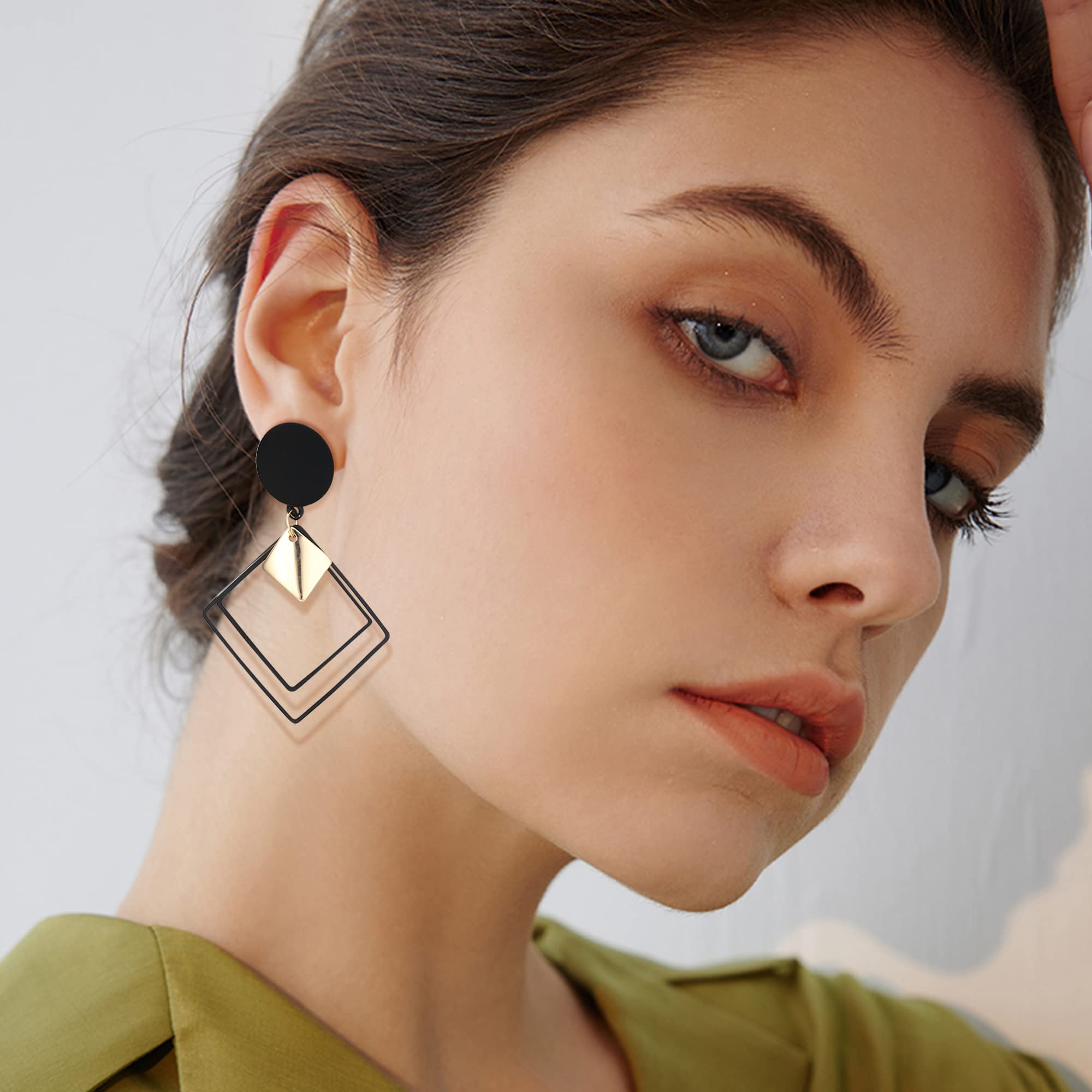 FIBO STEEL Gold Clip on Earrings for Women Clip Drop Dangle Earrings Retro Rectangle Geometric Statement Earrings for Non Pierced, 9 Pairs (Mix Color)