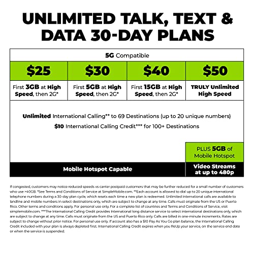SIMPLE Mobile $25 Unlimited Talk,Text&Data (3GB High–Speed)[Physical Delivery]