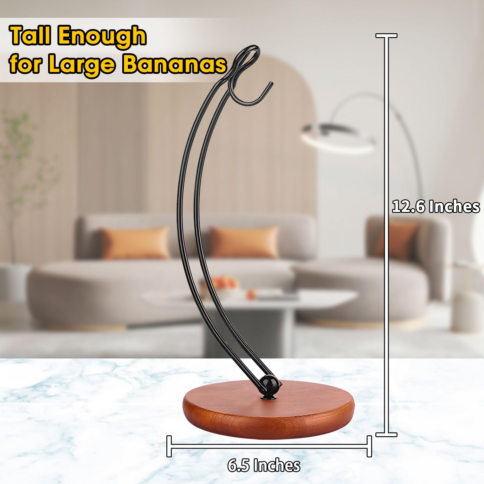HOMKULA Banana Holder Stand - Fruit Bowl, Modern Banana Hanger, Banana Tree Hanger with Bold Stainless Steel & Thickened Wood Base, Banana Rack for Kitchen Counter (Black V2)
