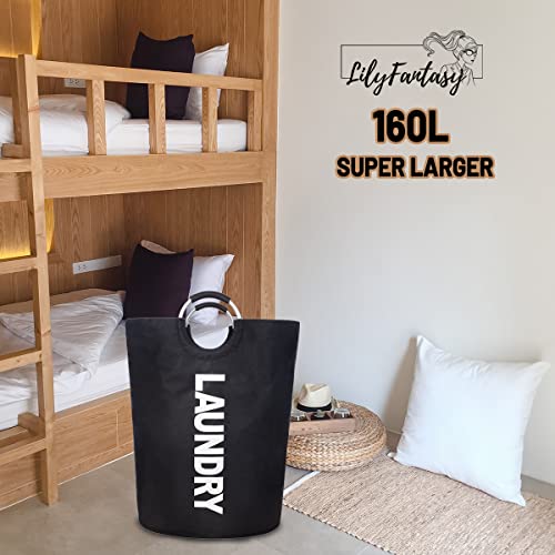 Lilyfantasy 160L XXX-Super Large Laundry Baskets, Laundry Hamper with Padded Handles, Tall Laundry Basket Stand Up Well, Foldable Round Laundry Bag for Easy Storage(Black)