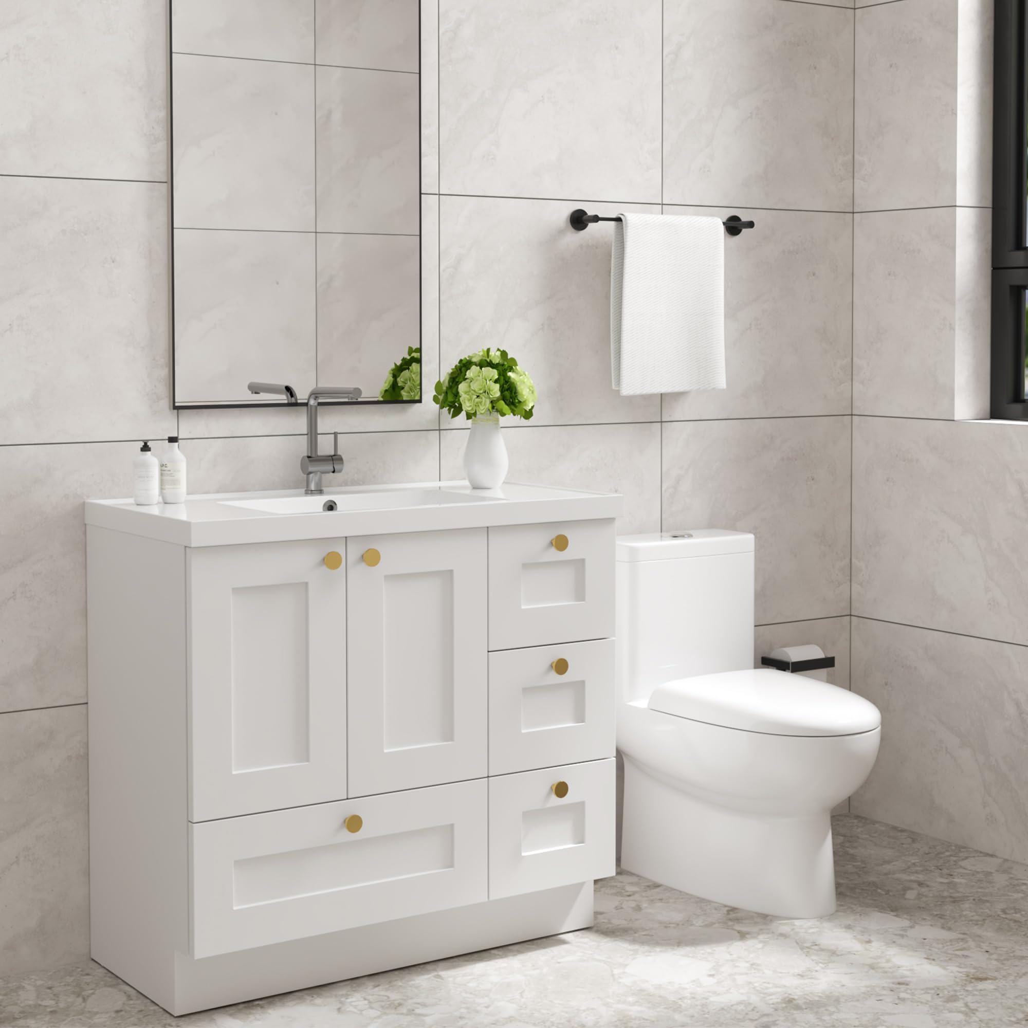 JPND White Shaker Style 36" Bathroom Vanity with Sink Top, Wooden Double Door Bathroom Storage Vanity with Soft-Close Door and 4 Drawers (Faucet and Knobs Not Included)