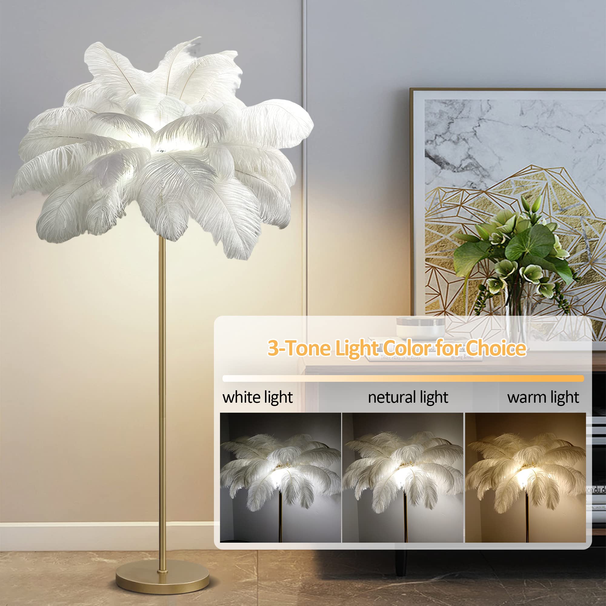 HDXZTQ Floor Lamp, Standing Lamp Tall Feather Floor Lamps 62.9in White Floor Lamps for Living Room Foot Switch / 6*G4 Feather Lamp
