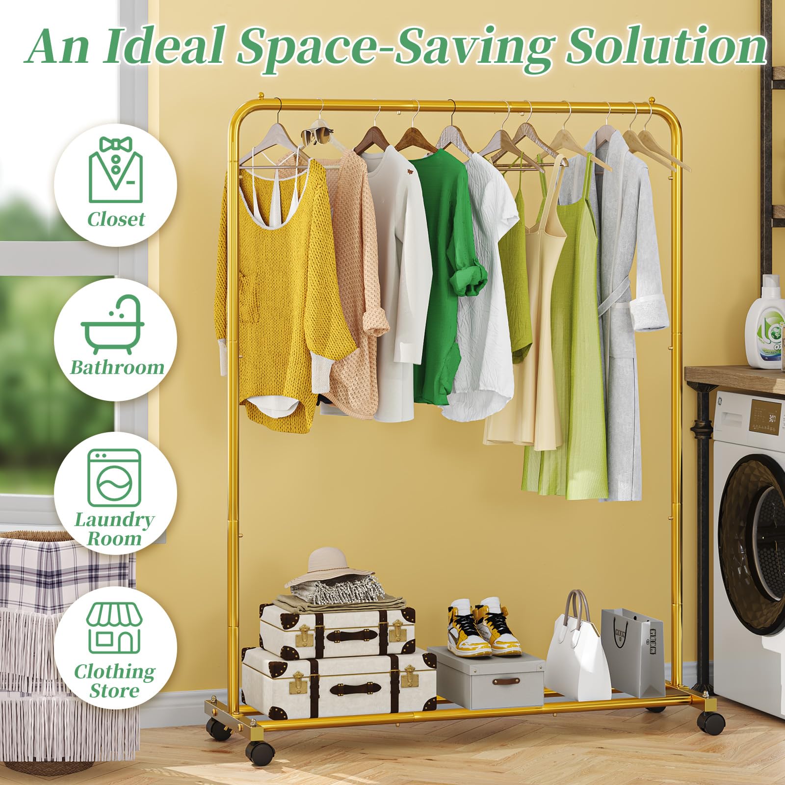 Simple Trending Standard Clothes Clothing Garment Rack with Storage Shelves, Rolling Clothes Organizer on Wheels for Hanging Clothes, Golden Yellow
