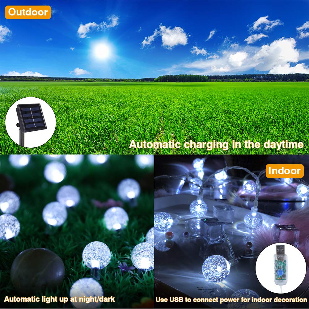 Globe Solar String Lights, Upgraded 23ft 50LED Fairy Crystal Ball Light with Solar & USB Powered, 8 Modes Waterproof String Lights for Garden Wedding Party Outdoor/Indoor Decoration (Cool White)