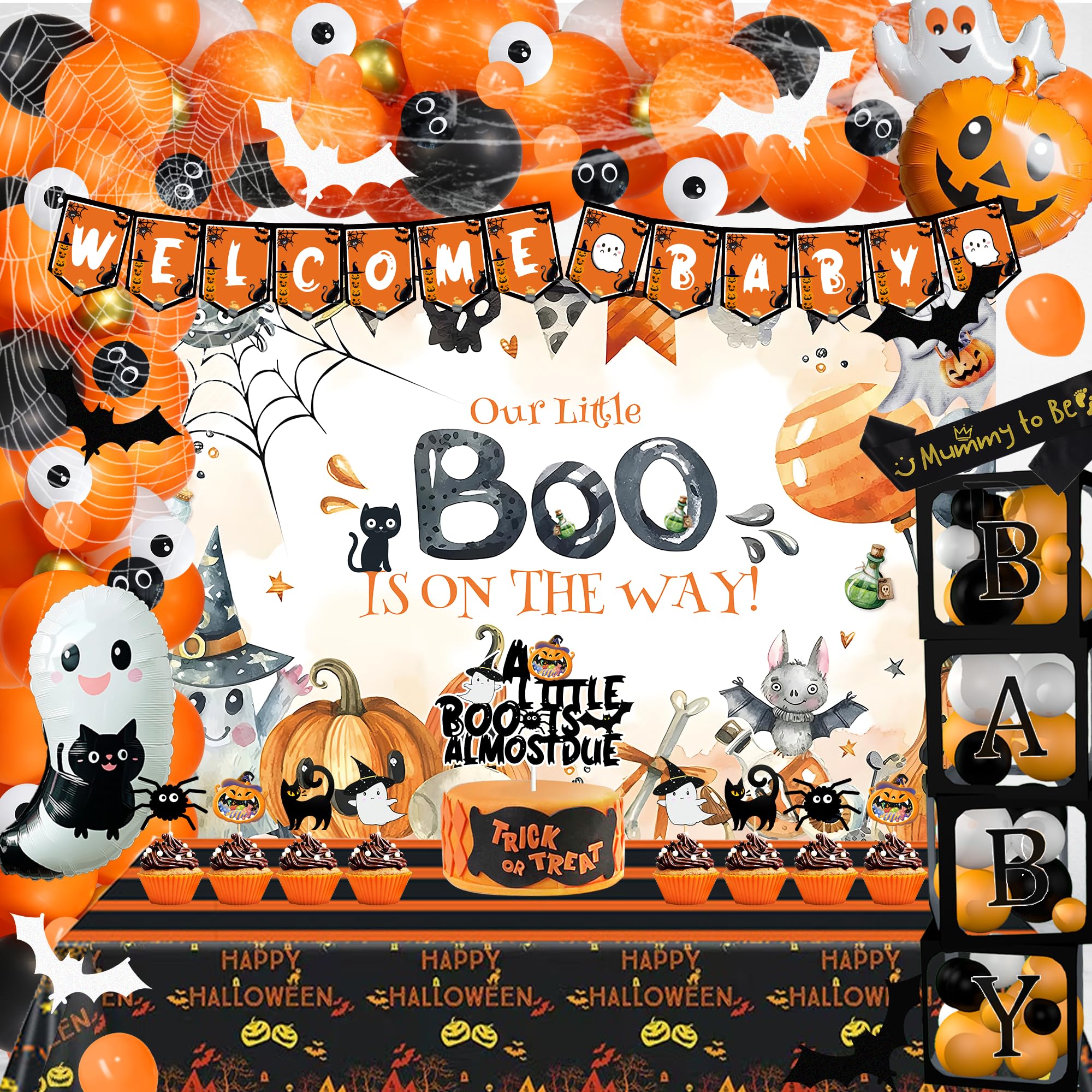 Our Little Boo is on the Way Baby Shower Decorations,Halloween Baby Shower Decorations for Boy Kit Backdrop Backdrop Banner Cake Cupcake Topper Tablecloth Spider Web for Baby Boy Shower Halloween