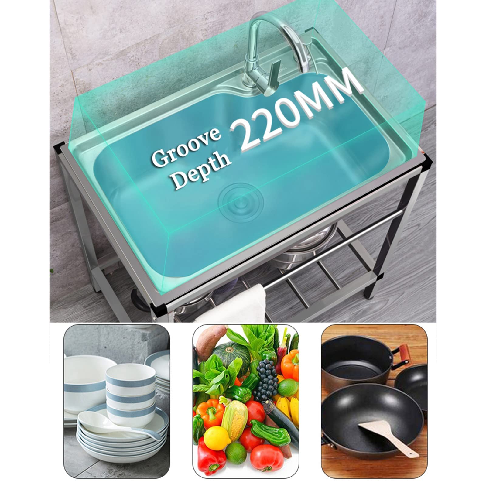Kitchen Sink for Washing Single Bowl 304 Stainless Steel Utility Sinks Freestanding Outdoor camping dish washing station with Console & Stand for Indoor Garage Kitchen Laundry Room ( Size : 70*46*75cm