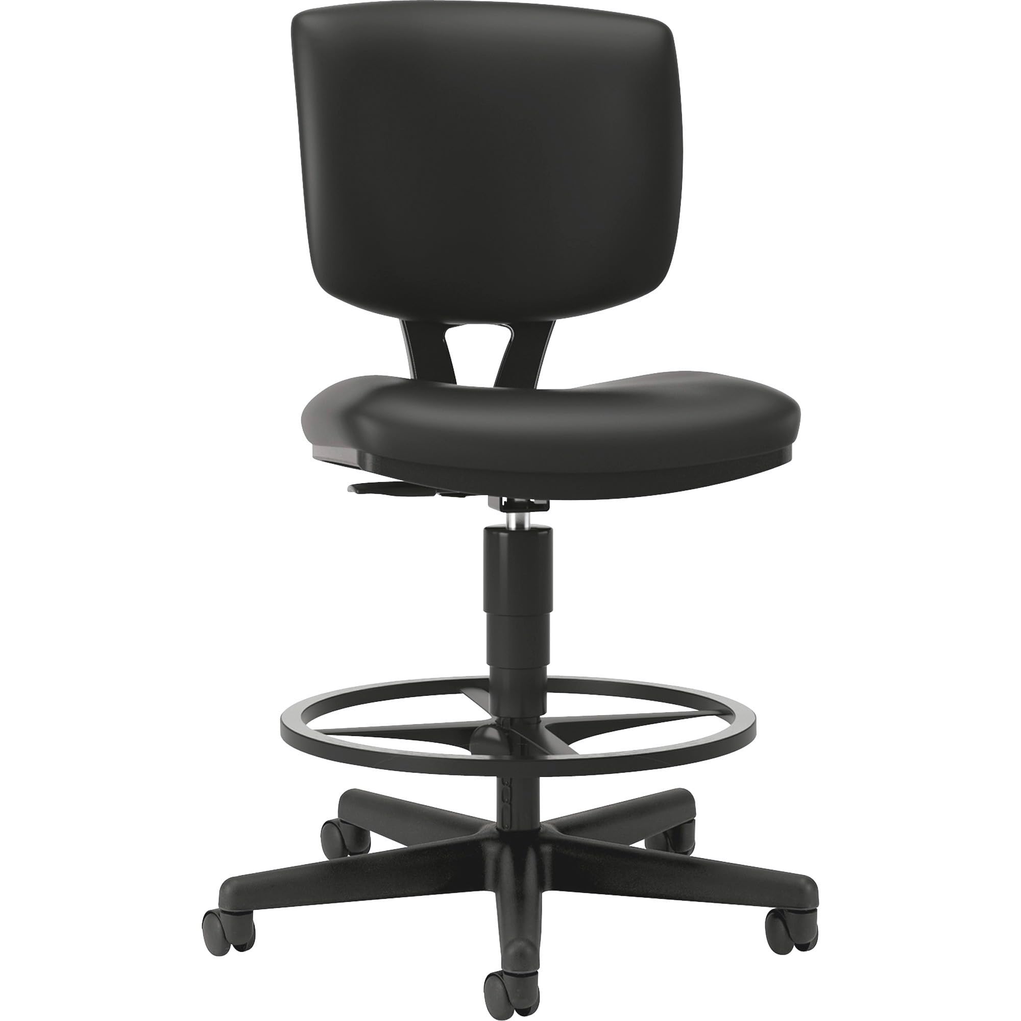 HON, Black Volt Leather Office Chair Sit-To-Stand Seating, Foot Ring, 250lb Max Weight With Wheels for Computer/Desk, Task Stool