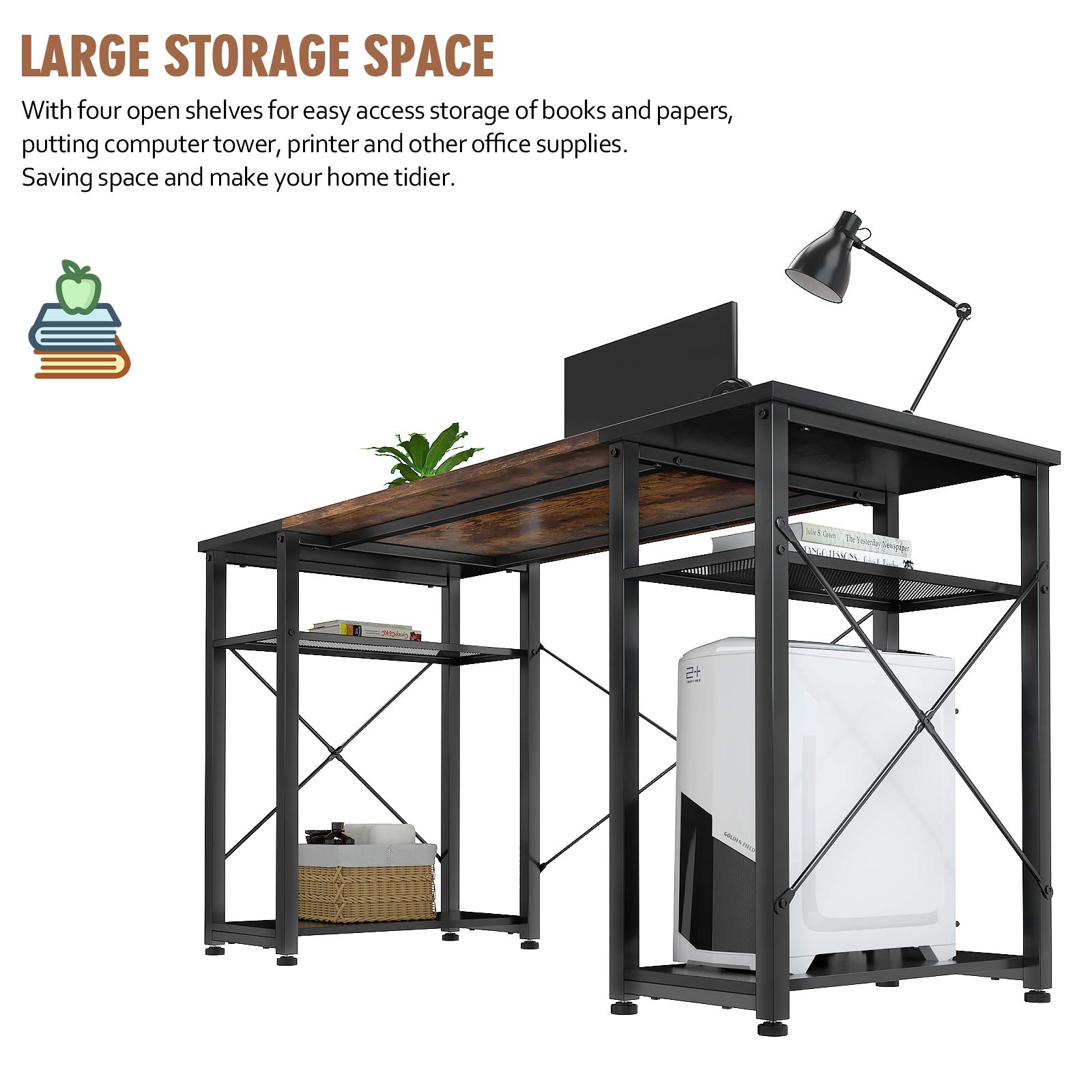 Foxemart Computer Desk 47" Office Desk with Storage Shelves, Industrial Student Study Writing Desk, Modern Work Desk for Home Office, Small Desk Gaming PC Table Workstation, Rustic and Black