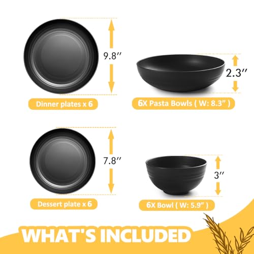 Teivio 24-Piece Kitchen Plastic Wheat Straw Dinnerware Set, Service for 6, Dinner Plates, Dessert Plate, Cereal Bowls, Pasta Bowls, Unbreakable Outdoor Camping Dishes, Black
