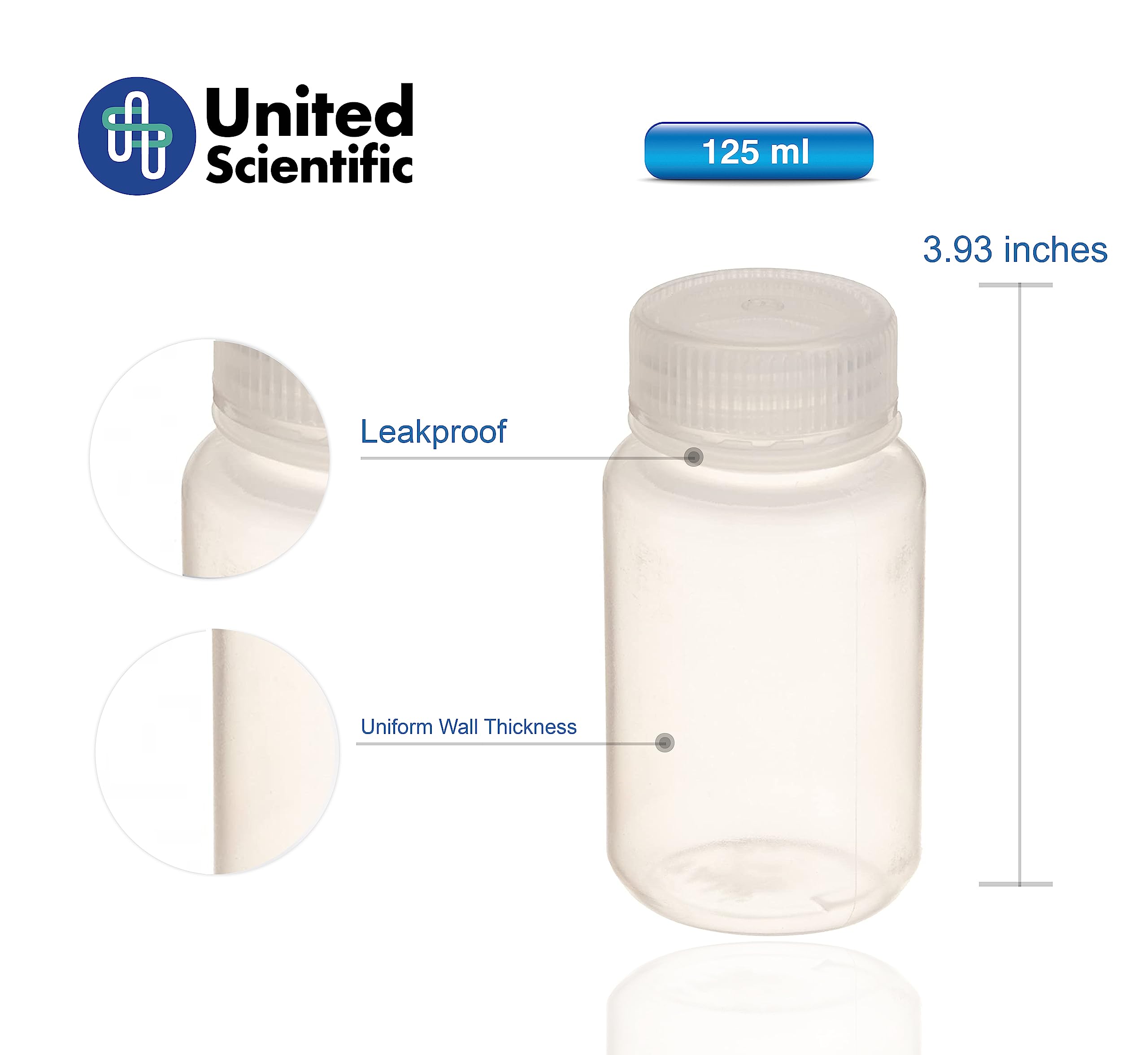United Scientific® Unistore⢠33307 | Laboratory Grade Polypropylene Wide Mouth Reagent Bottle | Designed for Laboratories, Classrooms, or Storage at Home | 125mL (4oz) Capacity | Pack of 12, Clear