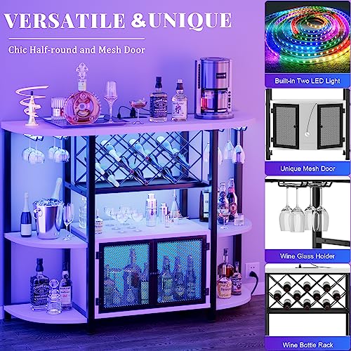 Unikito Bar Table with Double LED Lights and Power Outlet, Freestanding Wine Rack Table with Glass Holder, Home Mini Bar with Storage, Bar Cabinet for Liquor and Glasses for Kitchen Dining Room, White
