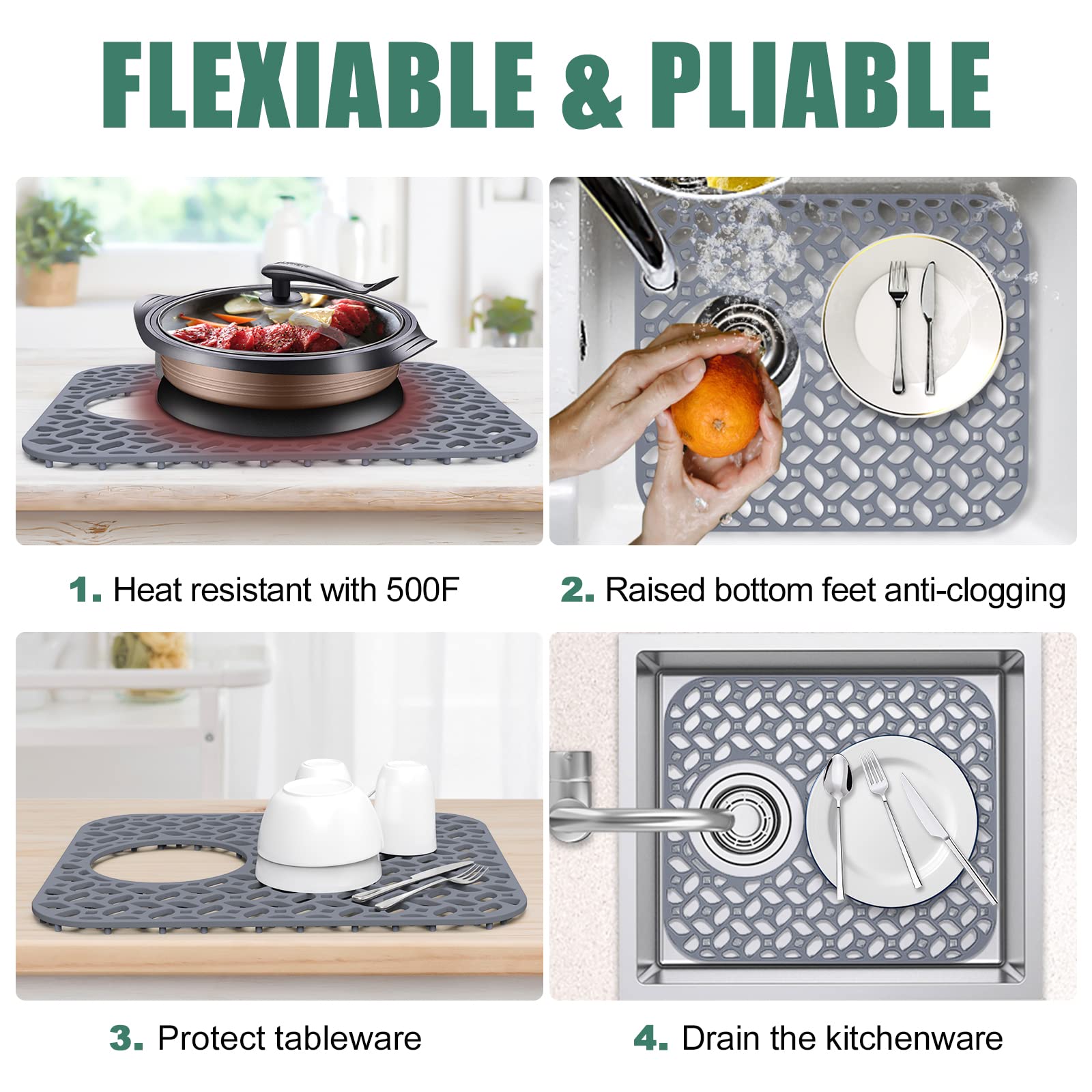 JUSTOGO Silicone Sink Protector, Rear Drain Kitchen Sink Mats Grid Accessory,2 PCS Folding Non-slip Sink Mat for Bottom of Farmhouse Stainless Steel Porcelain Sink (Grey,13.58 ''x 11.6 '')