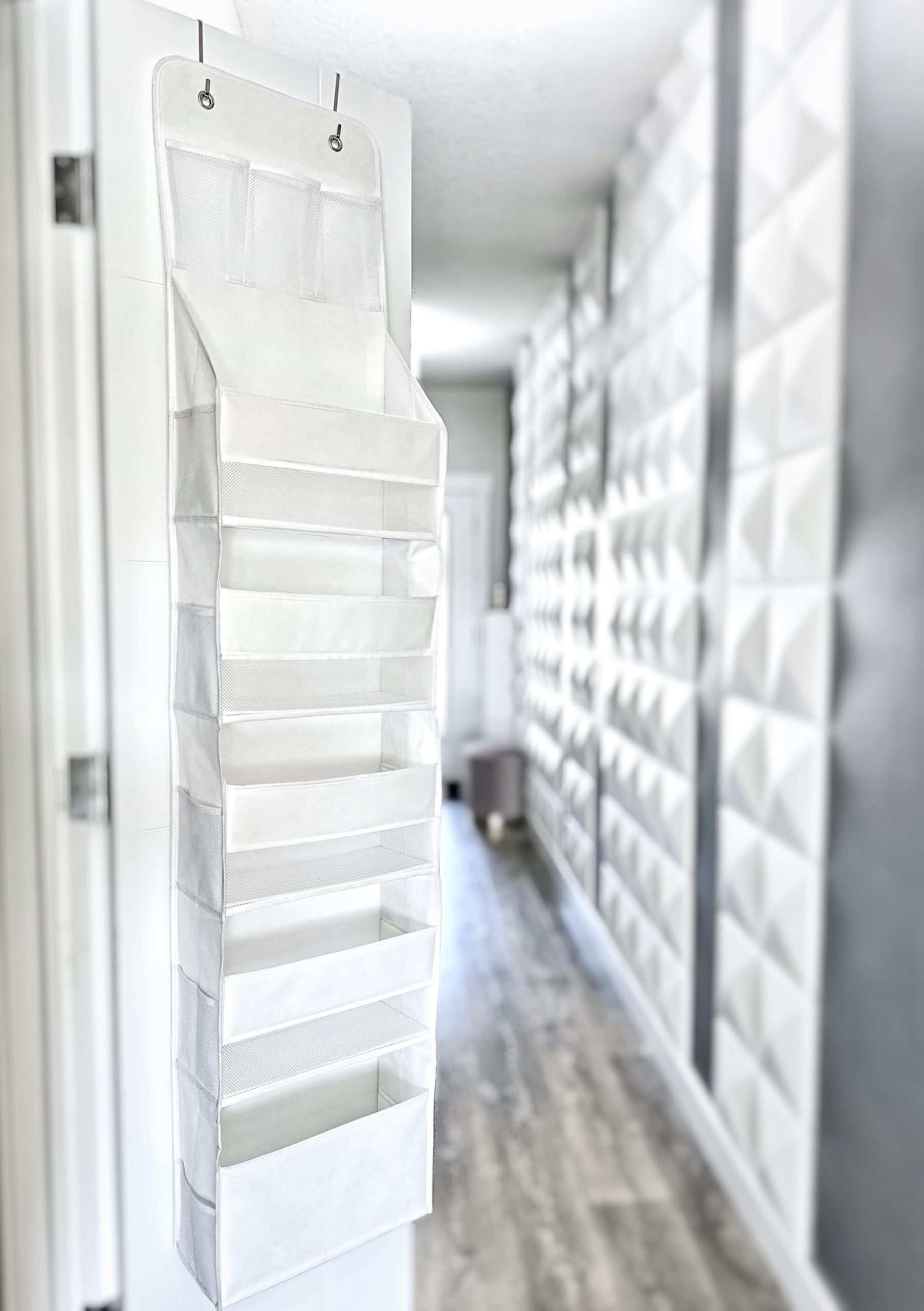 Over the Door Organizer foldable Wall Mount, Over Door Organizer 5 Pockets Storage, Over Door Organizers and Storage with side net pockets, Over the Door Organizers in Grey (White)