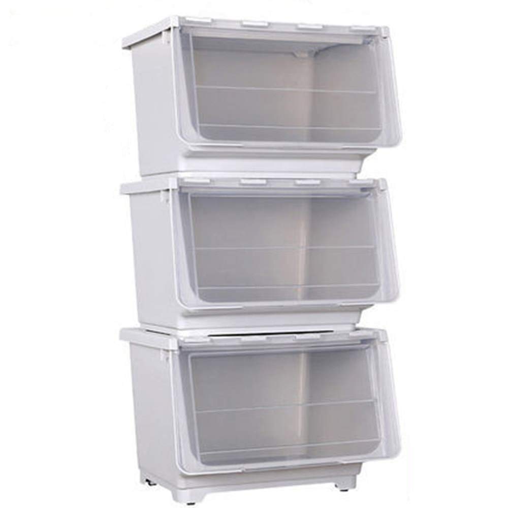 Shozafia Plastic Storage Bins for Toys, Stackable Storage Containers with Lids Front Opening, Clear Storage Box with Wheels. (White,3 Pack Large)