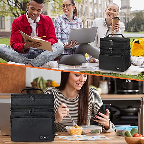 opux Insulated Lunch Bag for Men Women, Large Dual Compartment Cooler Bag, Soft Two Deck Lunch Box for Work School Picnic, Leakproof Lunch Tote with Shoulder Strap for Kid Adult (Black, Double Deck)