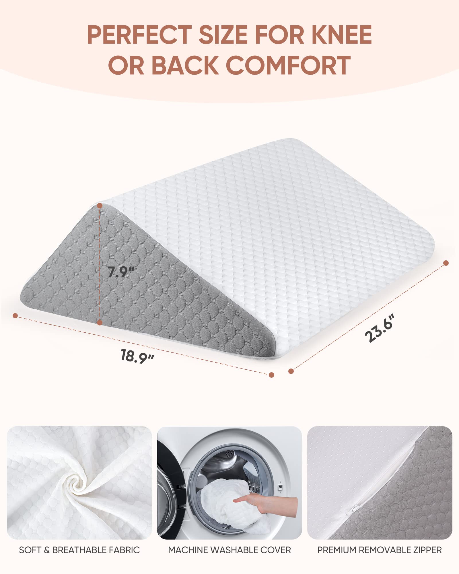 Forias Knee Wedge Pillow 8" Pure Memory Foam Bed Wedge Pillow for Sleeping After Surgery Triangle Pillow for Knee Support Leg Elevation Sciatica Knee Hip Back Pain Relief