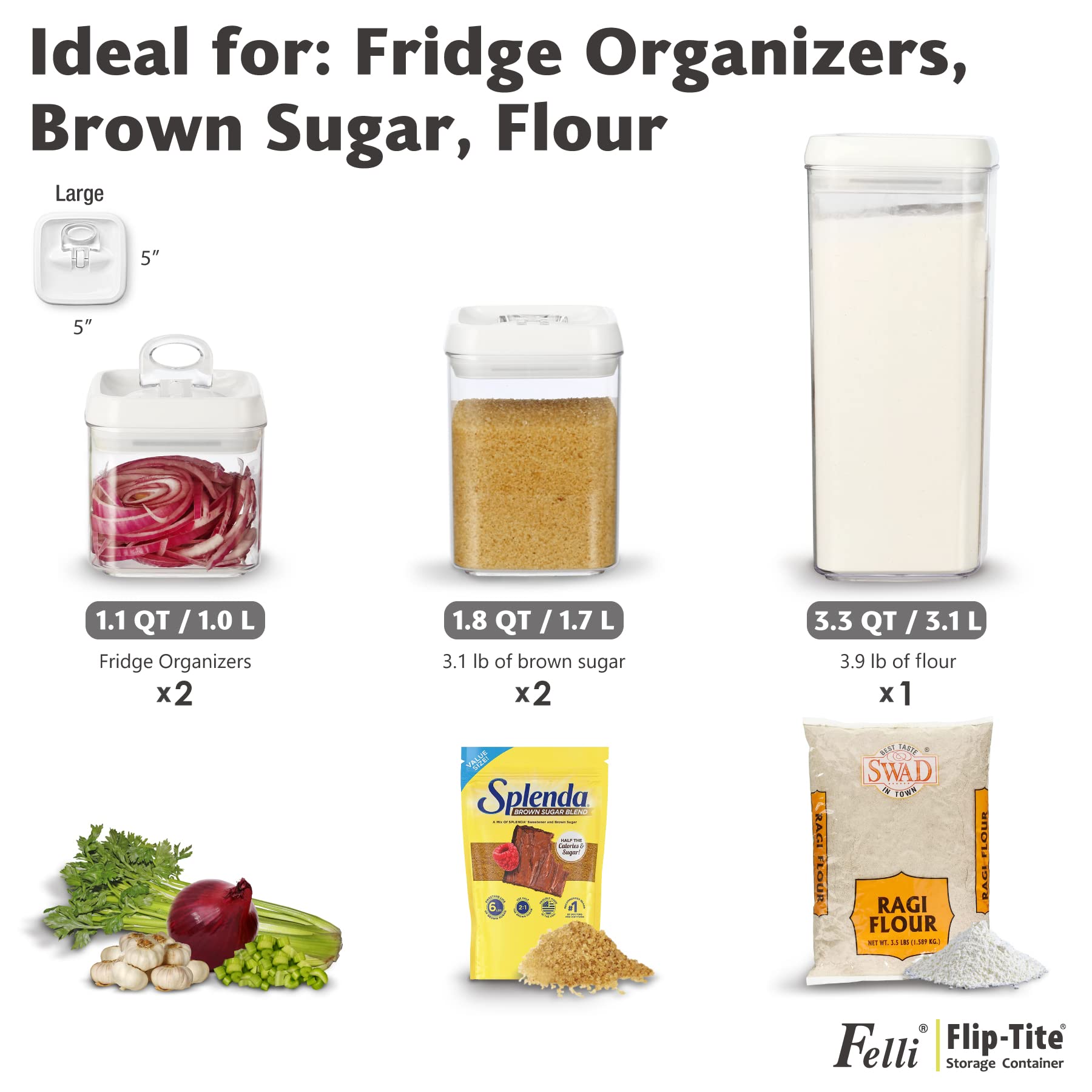 Felli Flip Tite Food Storage Container 5β LARGE 5pk Set + No Residue Label, Airtight Lid Easy Lock Top Stackable, Plastic Canister Jar for Pantry Kitchen Fridge Organizer Pasta Protein Powder Spice