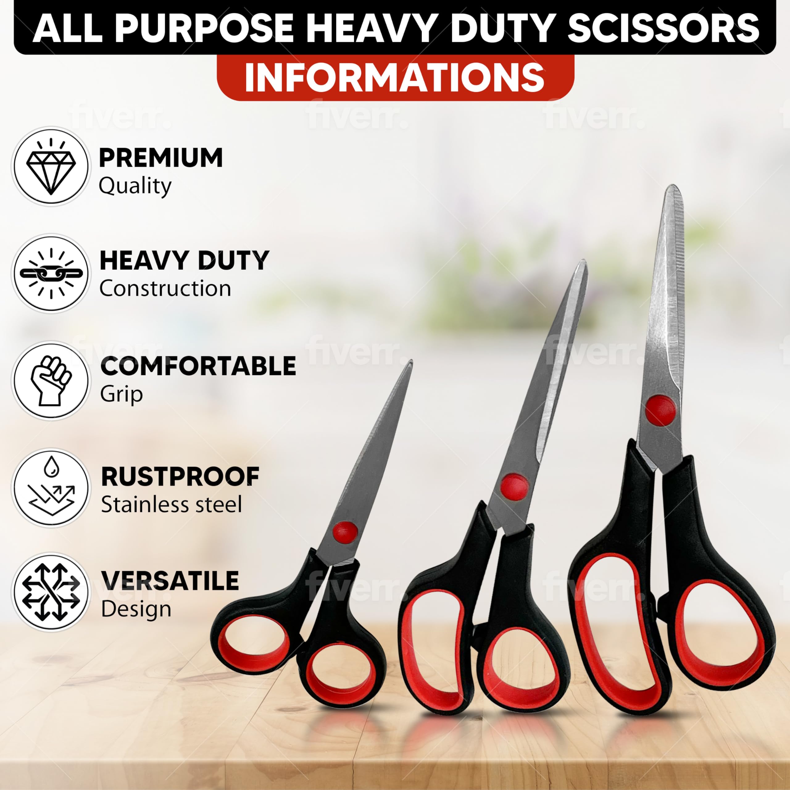 Scissors All Purpose Heavy Duty Pack of 3 – Ultra Sharp Stainless Steel Craft Scissors – Ergonomic Handle Office Scissors with Comfortable Non-Slip Grip – Adult Scissors for Sewing, Arts, Crafts