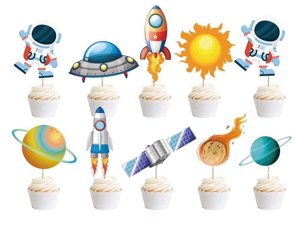 Kids Outer Space Party Decorations,Outer Space astronaut Rocket Spaceship Happy Birthday Banner,Solar System Spiral Planet Decoration, Space Theme Cupcake Toppers,Space Birthday Party Supplies