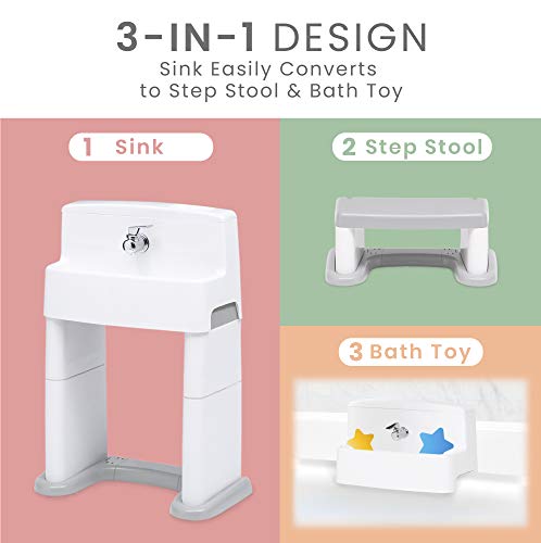 Delta Children PerfectSize 3-in-1 Convertible Sink, Step Stool and Bath Toy for Toddlers/Kids - Perfect for Potty Training, White/Grey