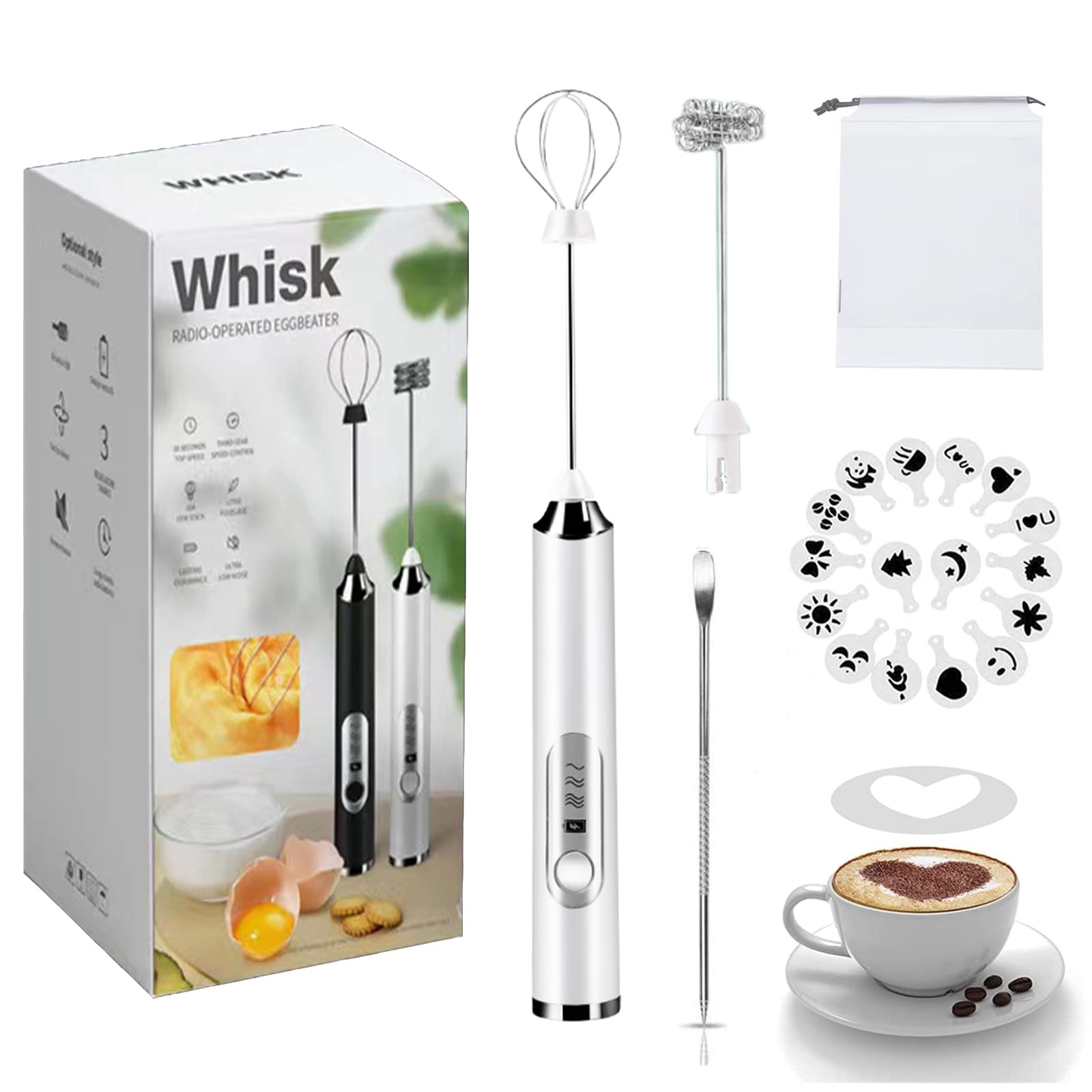 JrundMsoxz Rechargeable Milk Frother, 3-Speed Electric Handheld Frother for Coffee with 2 Whisks and Coffee Decoration Tool, Coffee Frother Mixer, Stand-up Design, for Cream, Latte, Cappuccino (White)