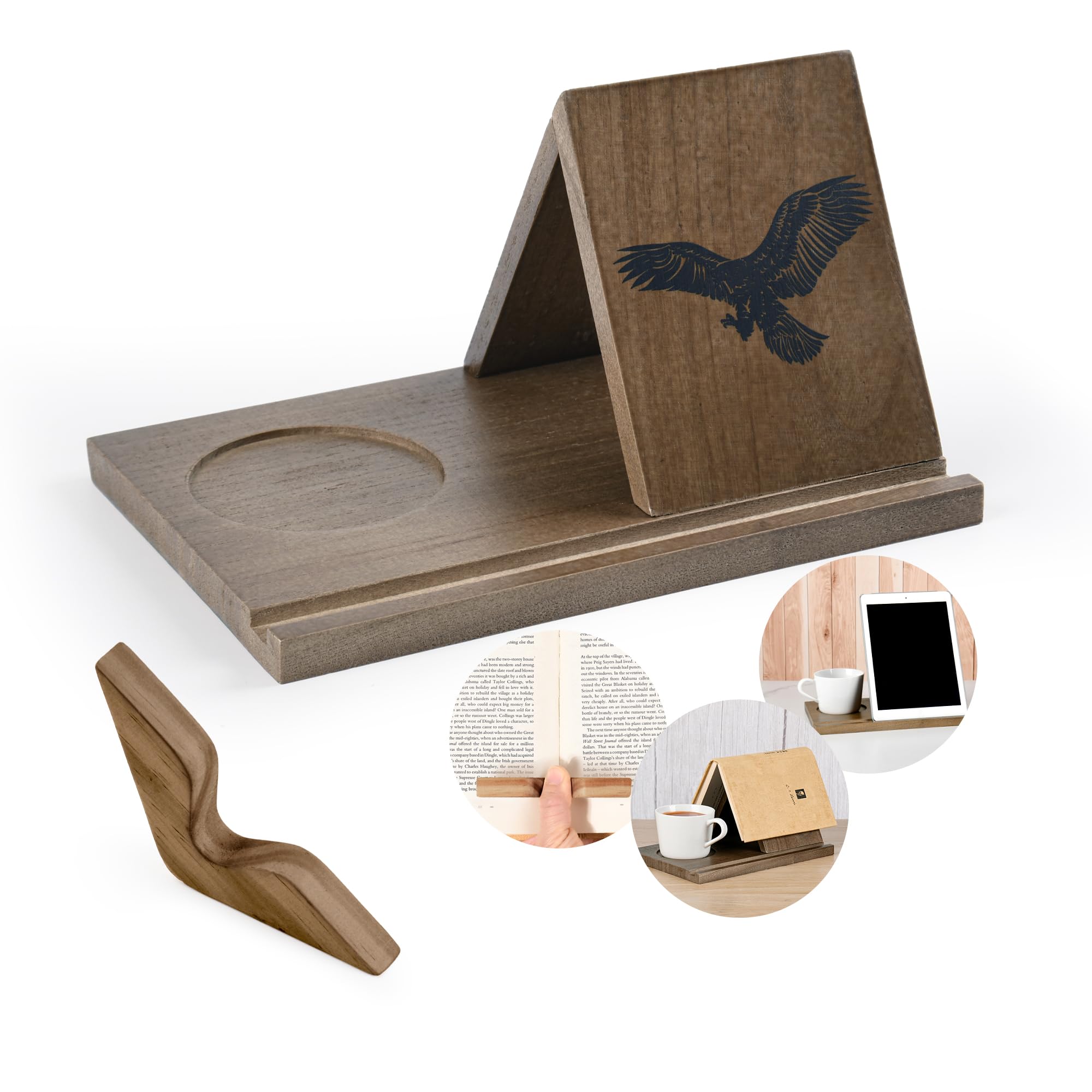 TEGIVONA Wood Small Bookshelf, Triangle Bookmark with Book Page Holder, Night Stand Book Holder, Mini Bookcase Rest with Coffee Drink Holder for Office, Book Rest and Mug Stand, Gifts for Book Lover