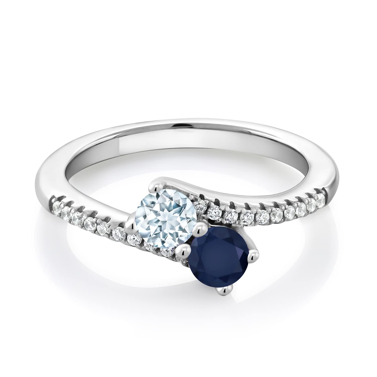 Gem Stone King 925 Sterling Silver Sky Blue Aquamarine and Blue Sapphire Bypass Ring For Women (0.84 Cttw, Gemstone March Birthstone, Round 4MM, Available In Size 5, 6, 7, 8, 9)